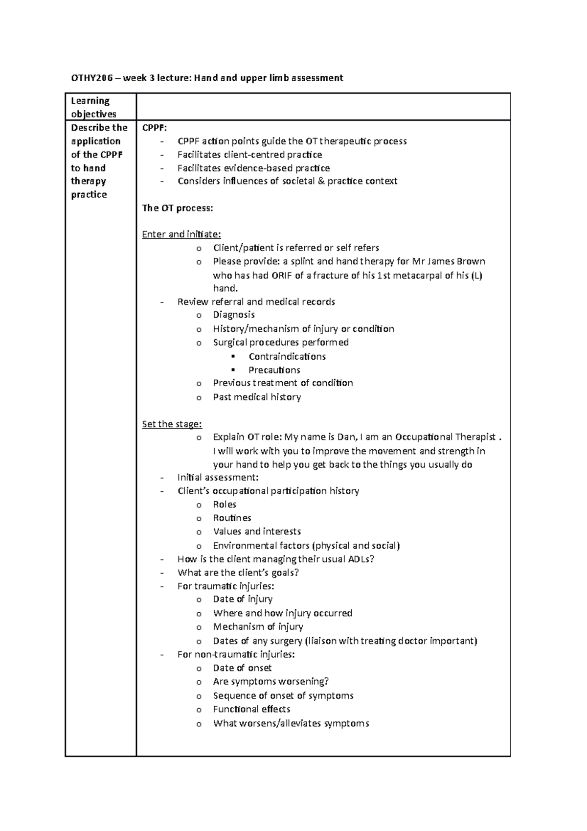 206 WK 3 lec - hand and UL assessment - OTHY206 - ACU - Studocu