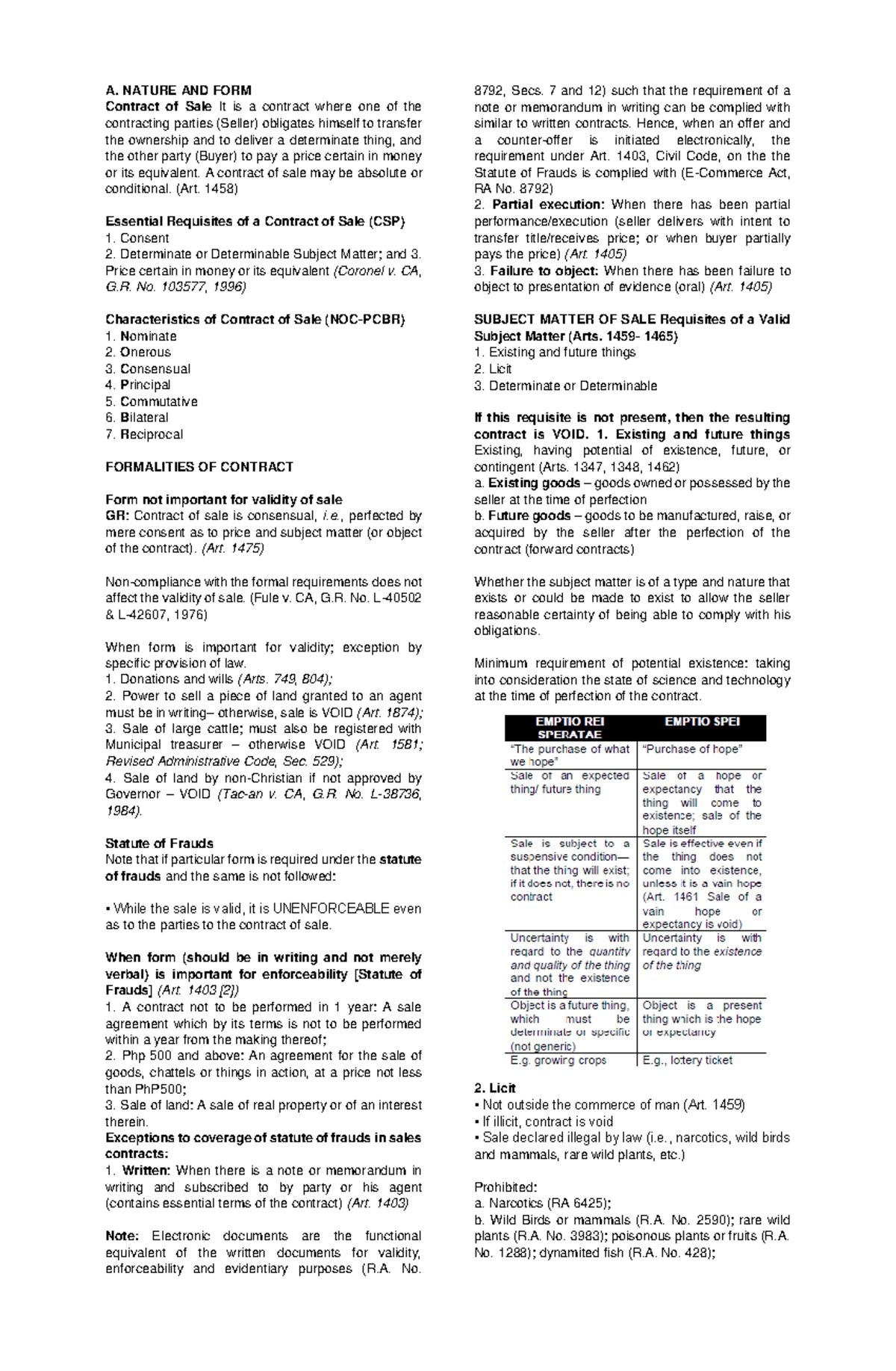 Handouts Law on Sale - Notes for recitation - A. NATURE AND FORM ...