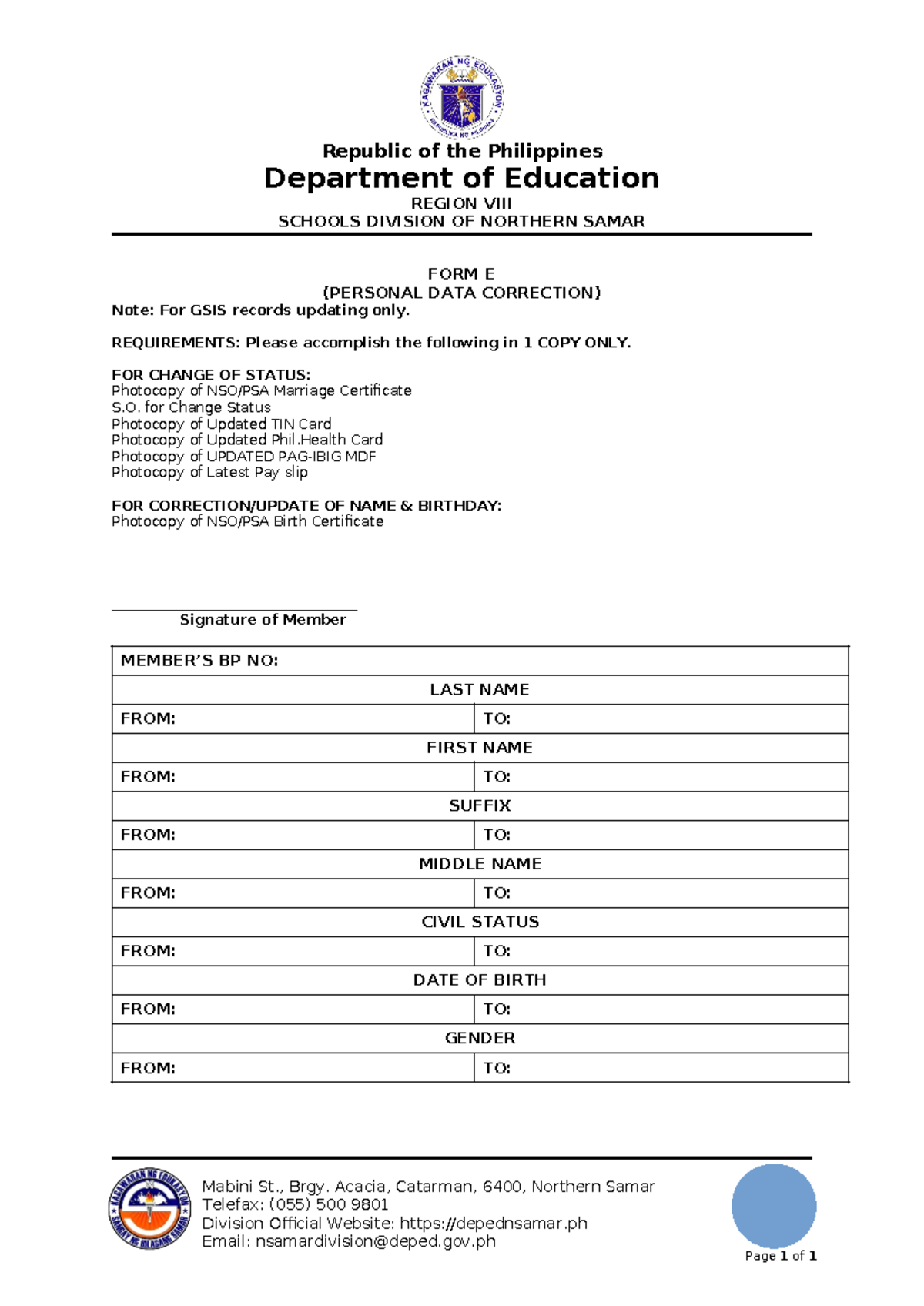 New template FORM E Personal DATA Correction - Page 1 of 1 Republic of the Philippines ...