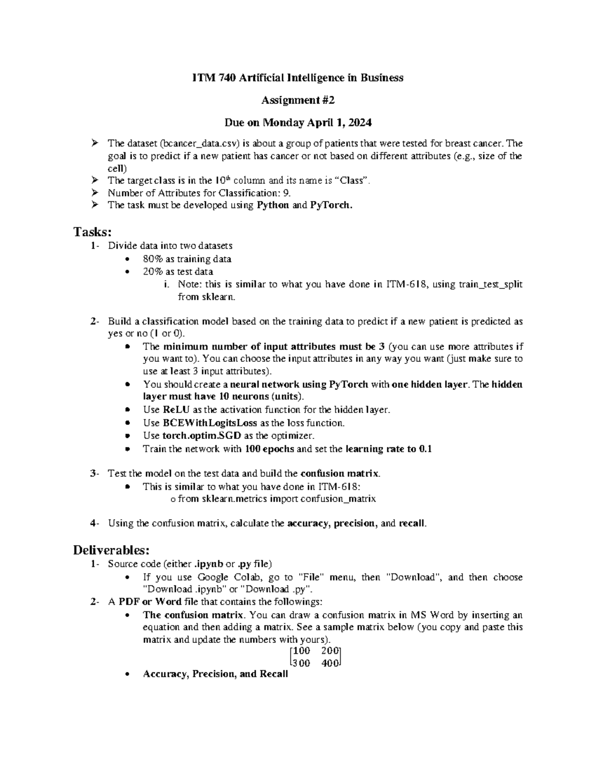 Assignment 2 W2024 - ITM 740 Artificial Intelligence in Business Assignment Due on Monday April ...