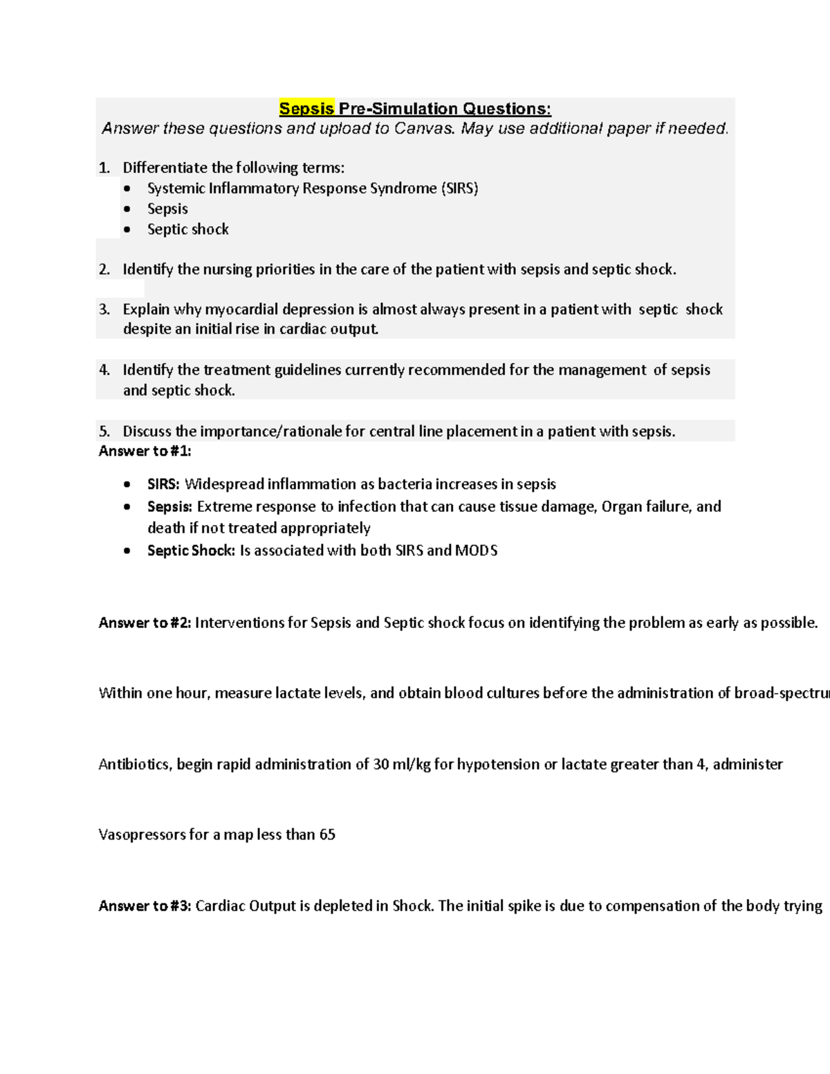 Sepsis Pre-1 - Pre sim questions - Sepsis Pre-Simulation Questions ...