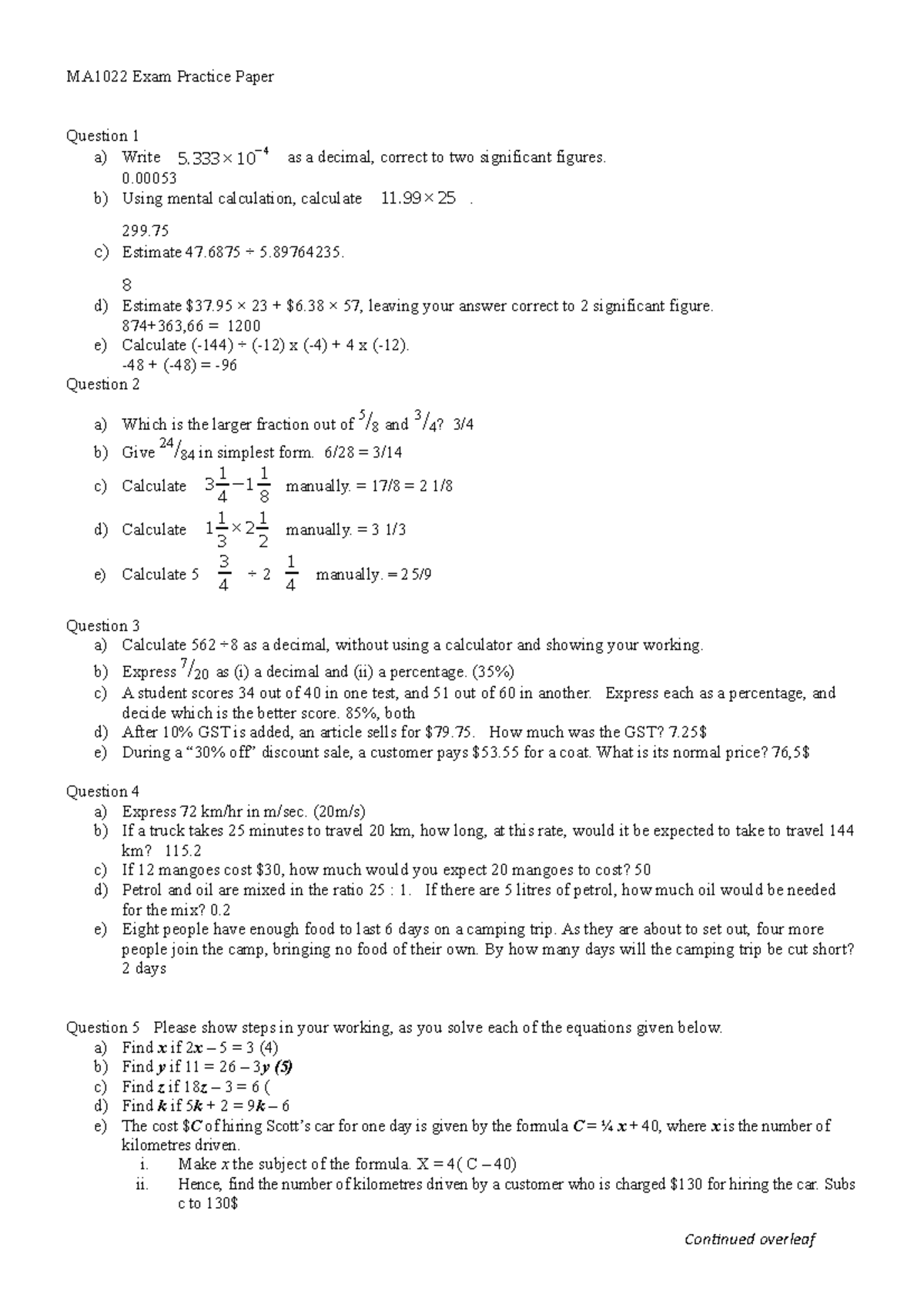 Exam Questions And Answers MA1022 Exam Practice Paper Question 1 A