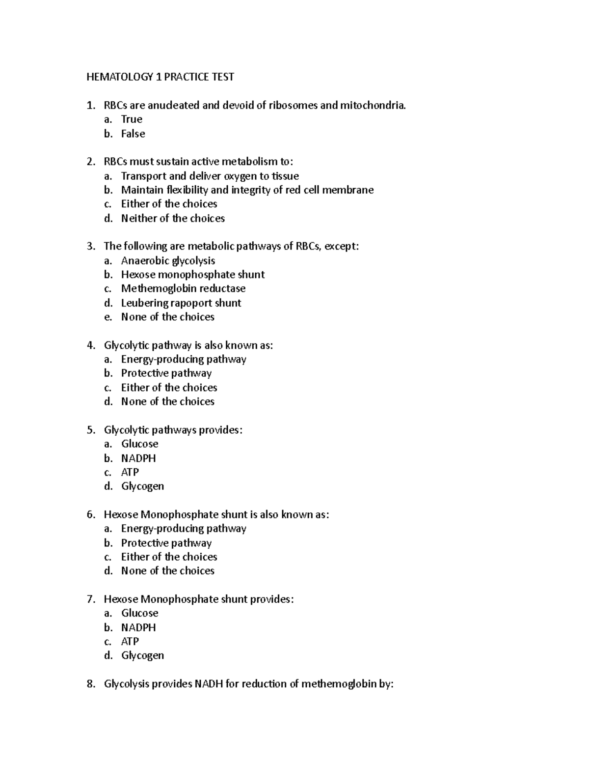 Hematology 1 Practice TEST - HEMATOLOGY 1 PRACTICE TEST RBCs are ...