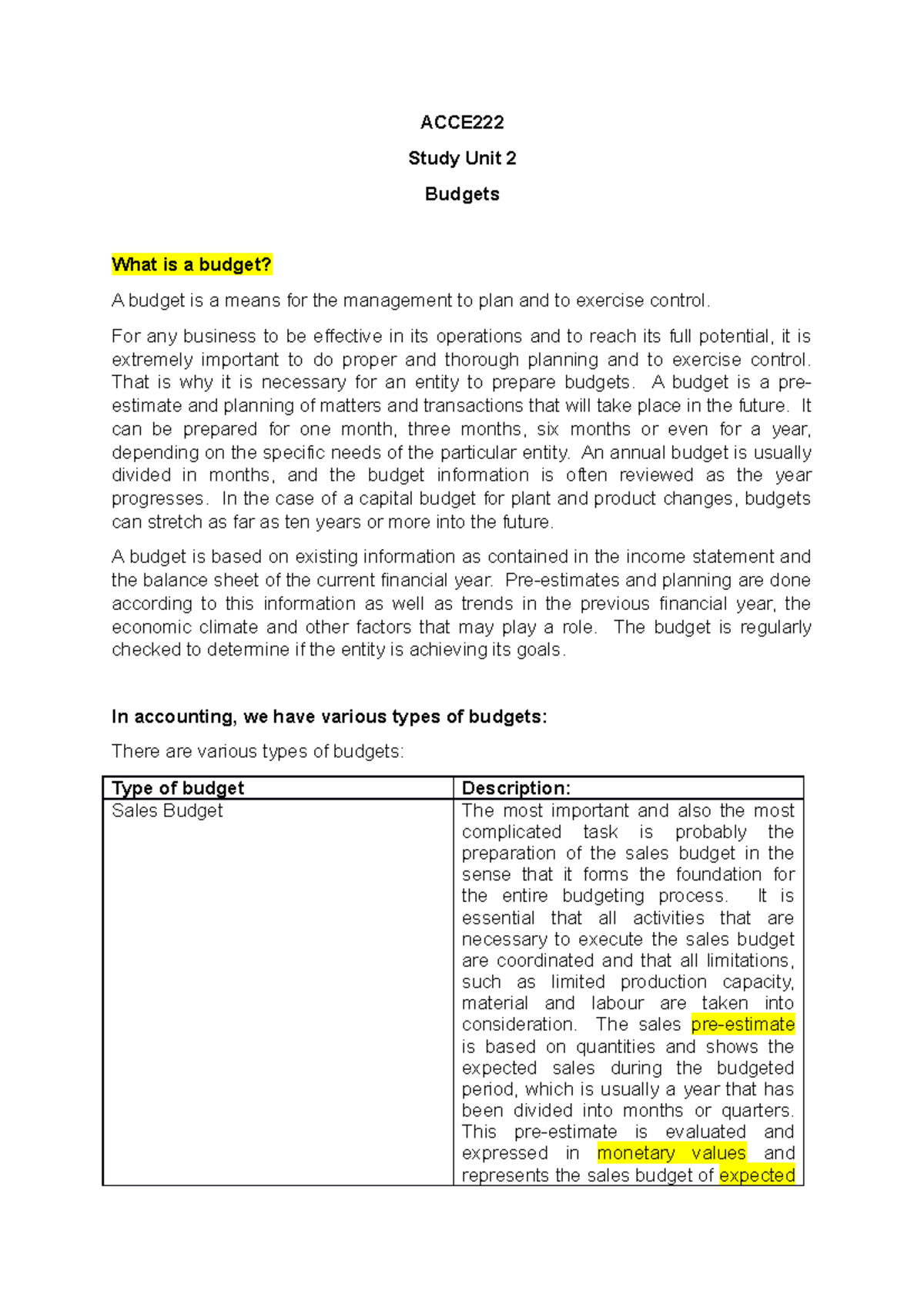 Budgets summary - ACCE Study Unit 2 Budgets What is a budget? A budget ...
