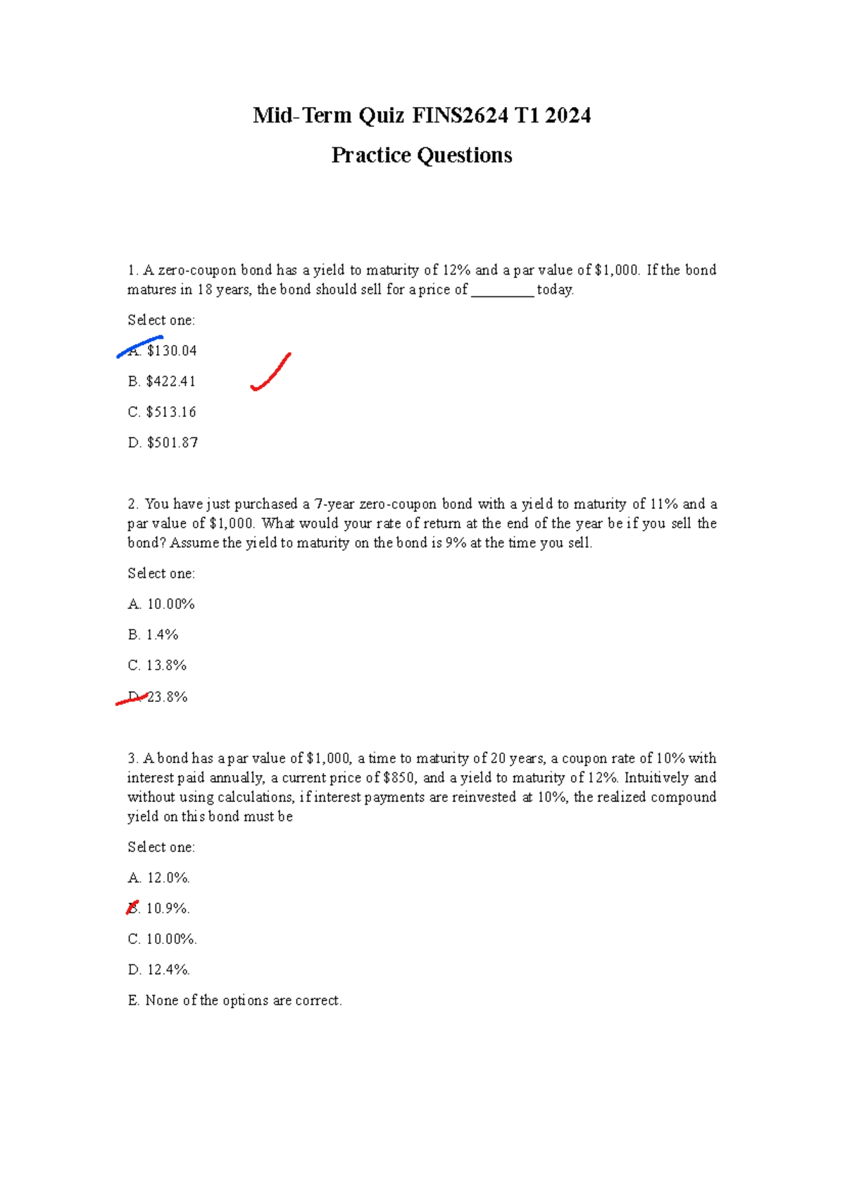 Midterm Practice - tutorial work - Mid-Term Quiz FINS2624 T1 2024 Practice Questions A zero ...