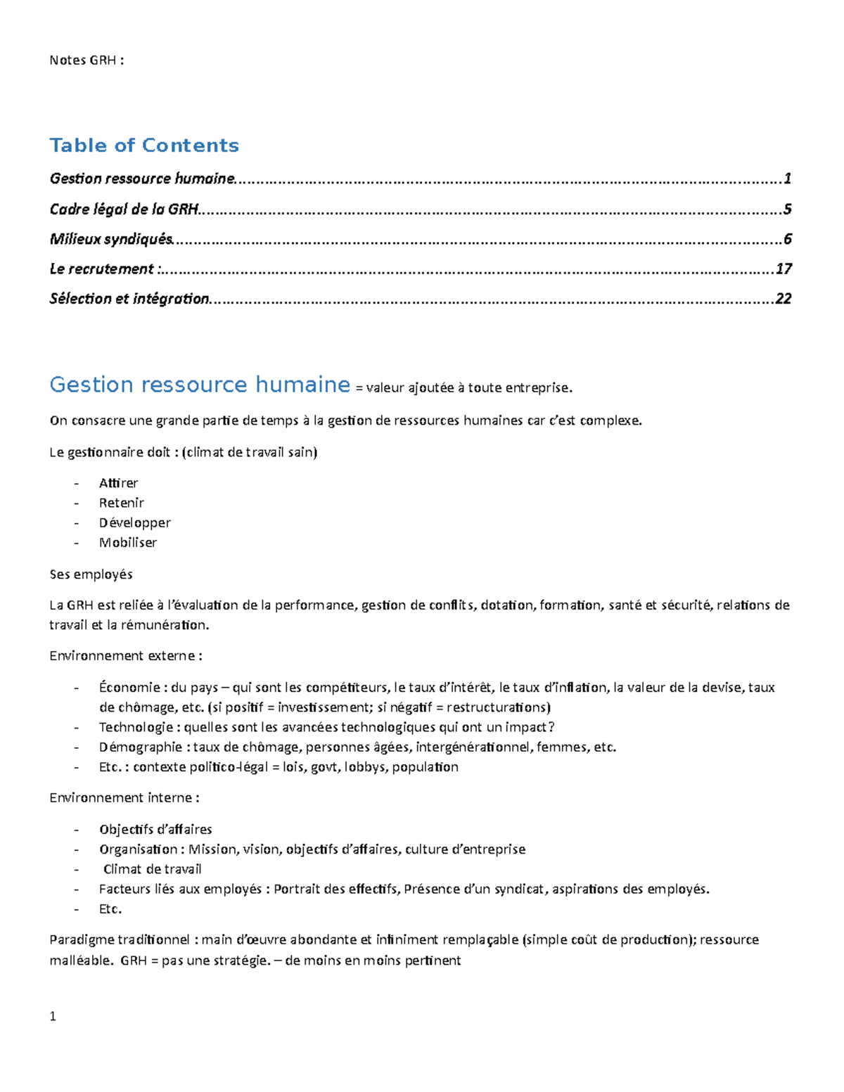 RHRT- gestion des ressources humaines Notes- cours 1 a 3.2 - Notes GRH ...