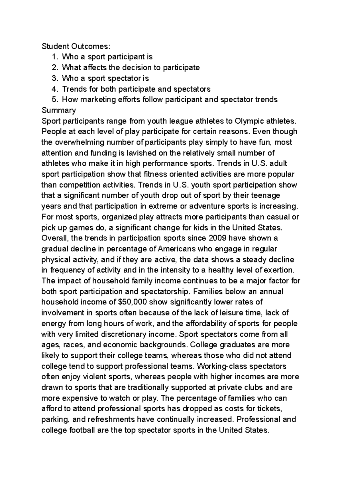 Chapter 2 - Student Outcomes: 1. Who a sport participant is 2. What ...