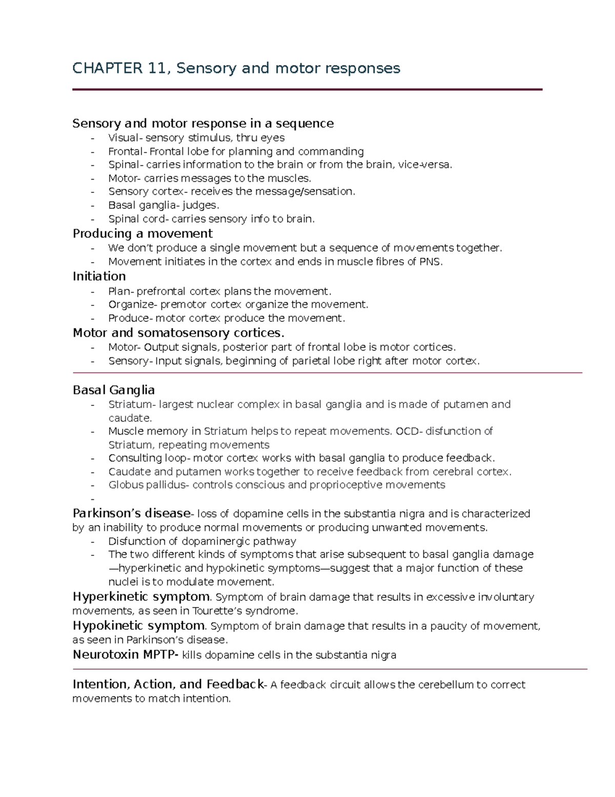 Chapter 11 notes - CHAPTER 11, Sensory and motor responses Sensory and ...