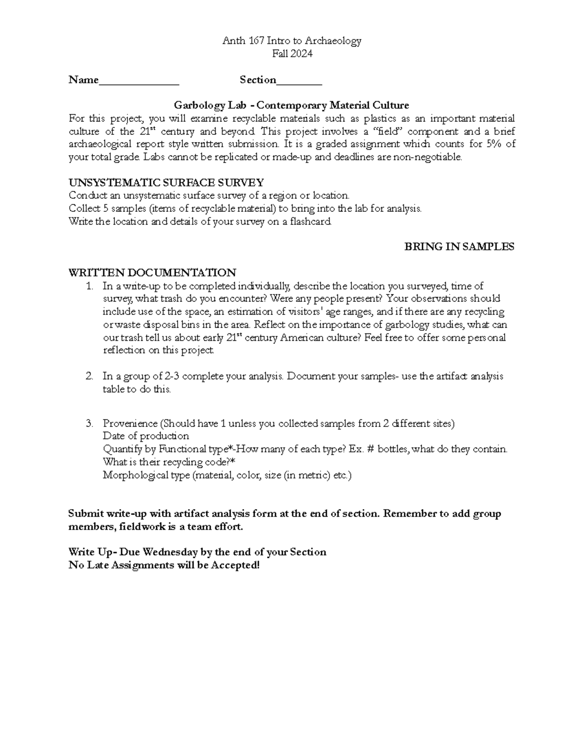 Garbology Lab2 - arch - Anth 167 Intro to Archaeology Fall 2024 Name ...