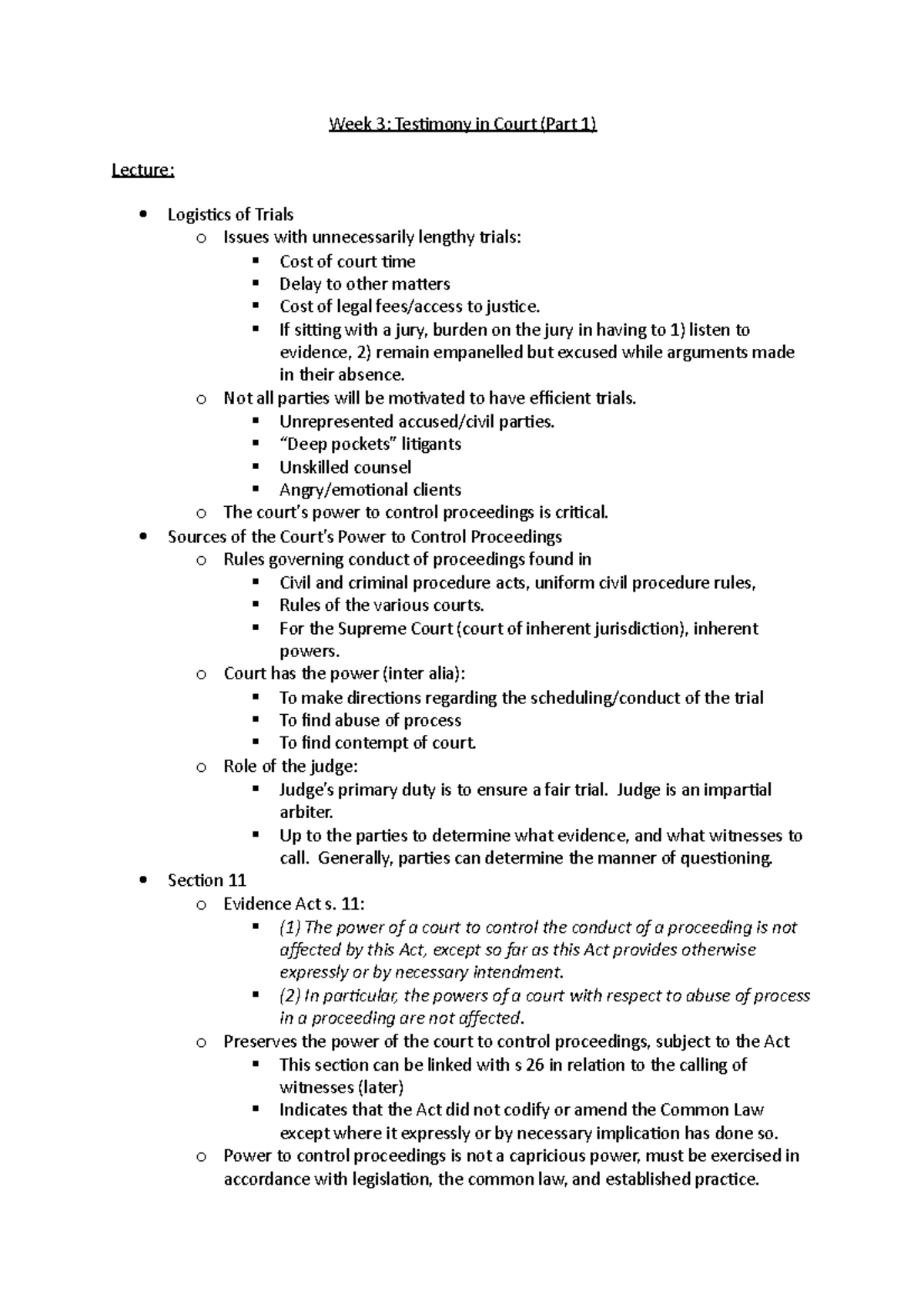 Evidence Week 3 Notes - Week 3: Testimony in Court (Part 1) Lecture ...