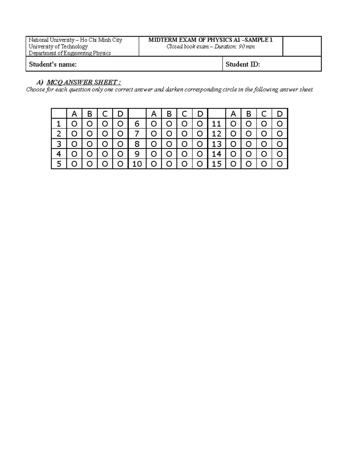 Midterm Exam A 1 to prepare before midterm - Physics 1 - HUST - Studocu