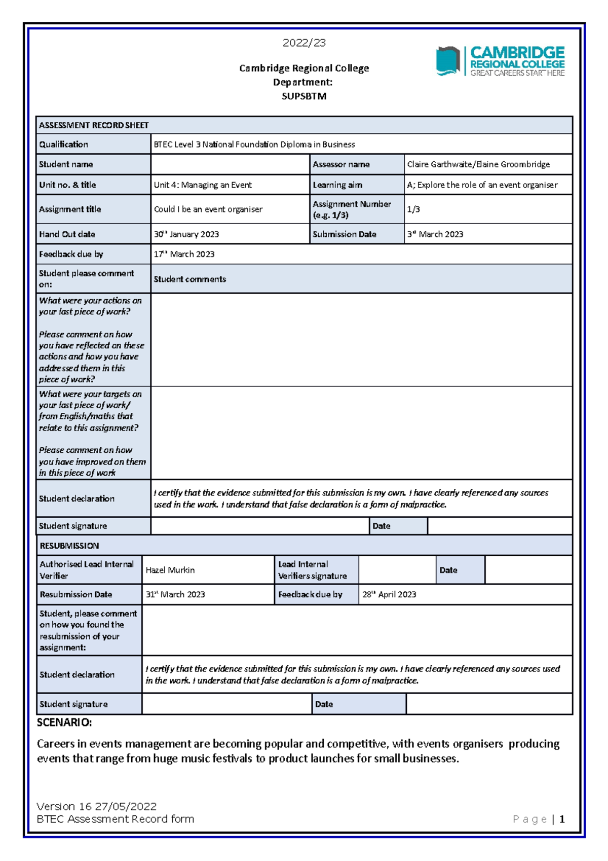 Unit 4 Level 3 Assignment 1 - Cambridge Regional College Department ...