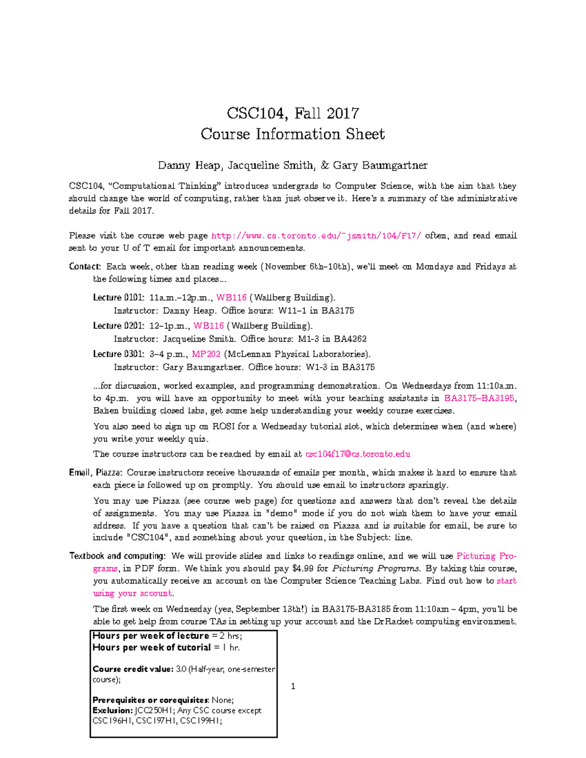 CSC104 syllabus - CSC104, Fall 2017 Course Information Sheet Danny Heap ...