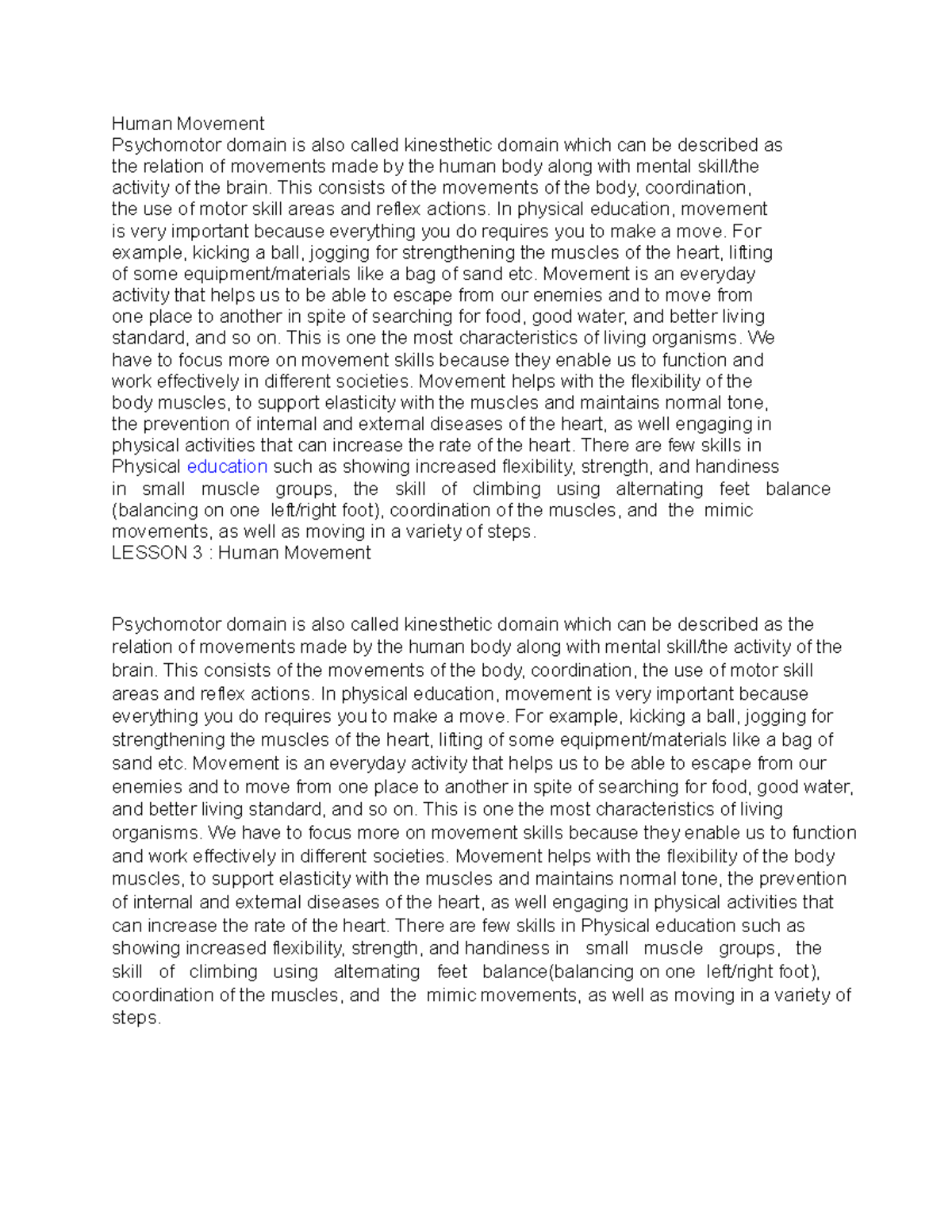 Human Movement - for hope 3 - Human Movement Psychomotor domain is also ...