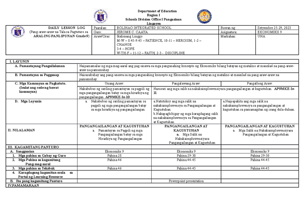 AP 9 1st Grading Week 5 - lesson plan - Department of Education Region ...