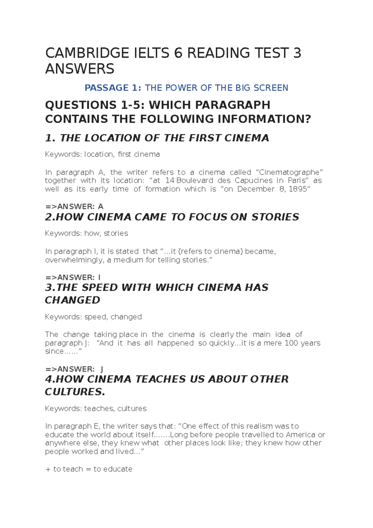 Cambridge Ielts 6 Reading TEST 3 Answers CAMBRIDGE IELTS 6 READING