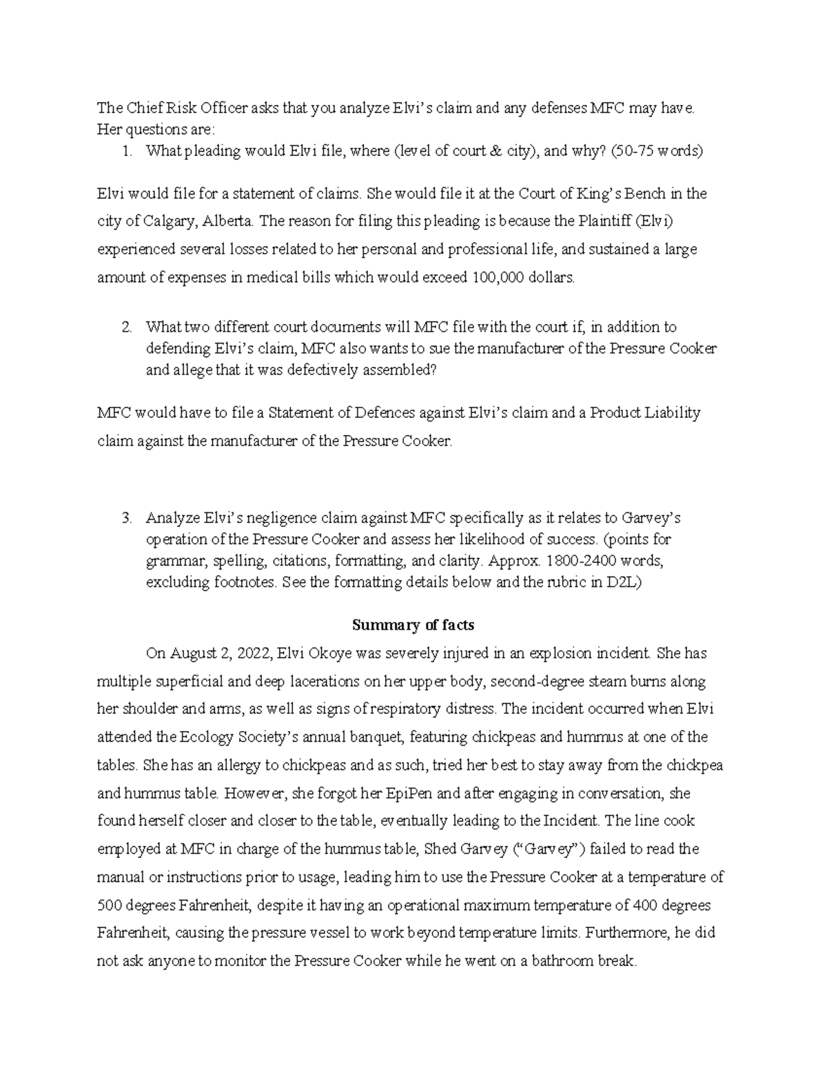 SGMA 395 Case Study 1 - The Chief Risk Officer asks that you analyze ...