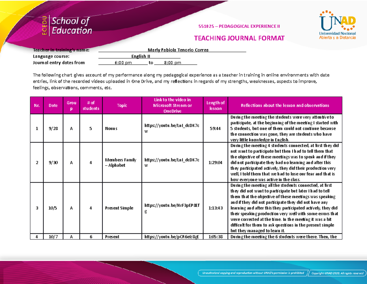 Teaching Journal Format group 19 - 551025 – PEDAGOGICAL EXPERIENCE II TEACHING JOURNAL FORMAT ...