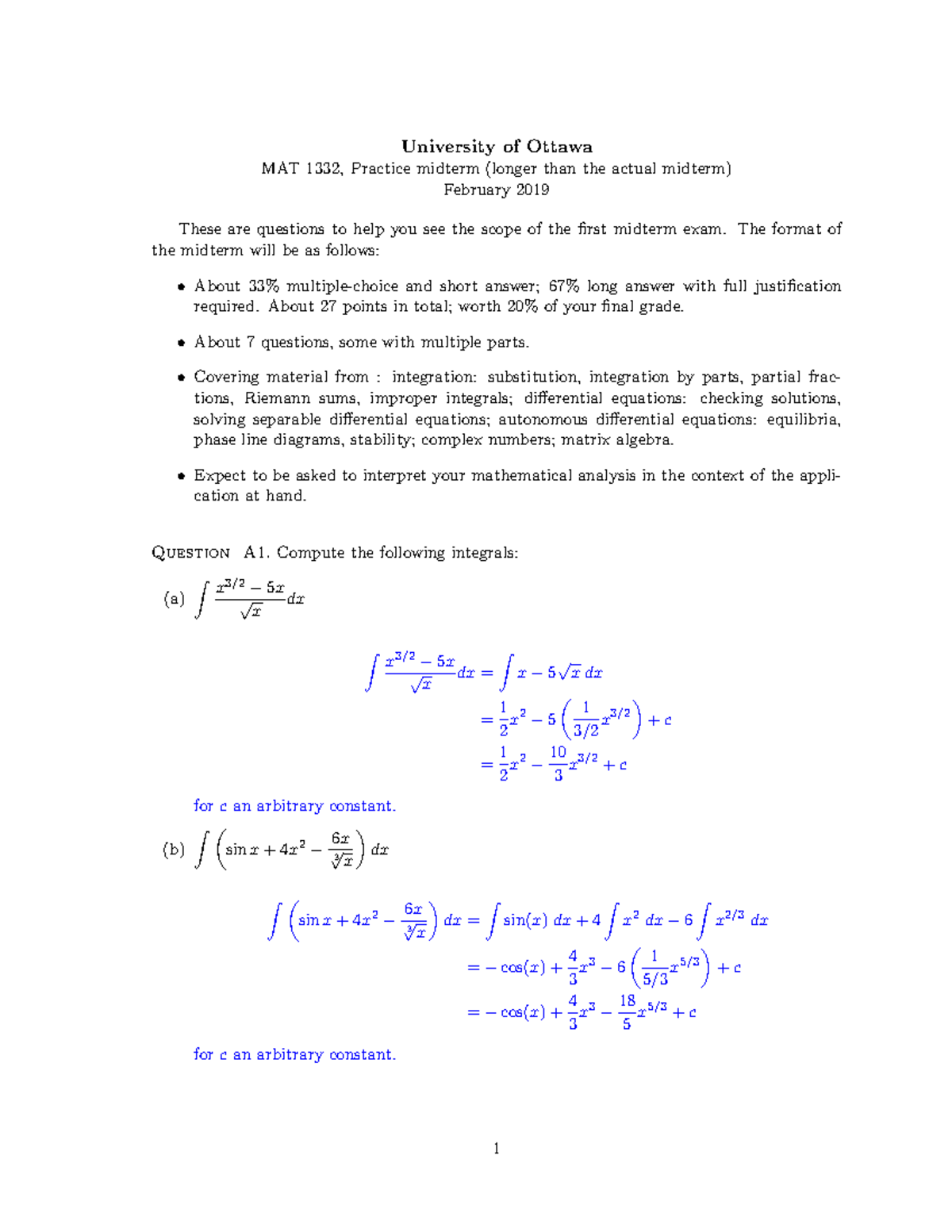 Mat1332 Practice Midterm February 2019 (Longer Than Midterm) - University of Ottawa MAT 1332 ...