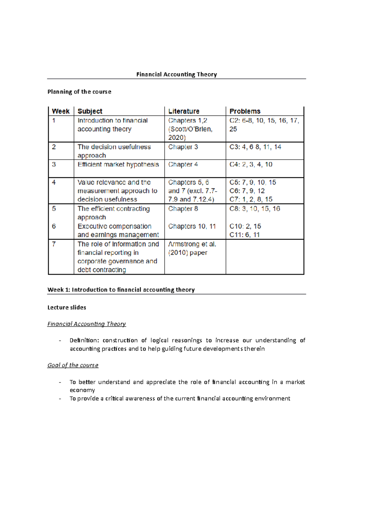 Lecture 1 FAT - Financial Accounting Theory Planning of the course Week ...