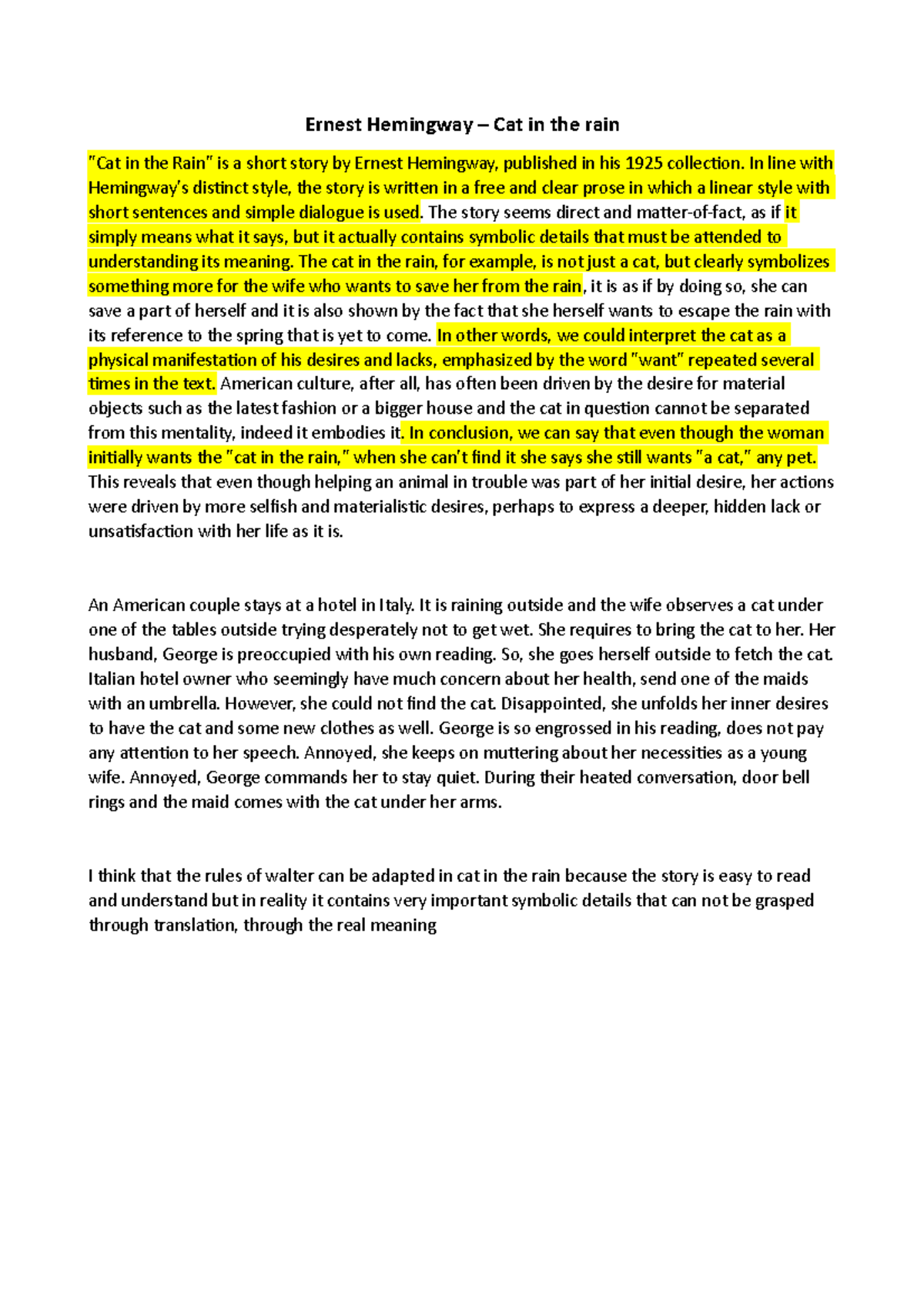 Essay Ernest Hemingway - Cat in the rain - Ernest Hemingway – Cat in ...