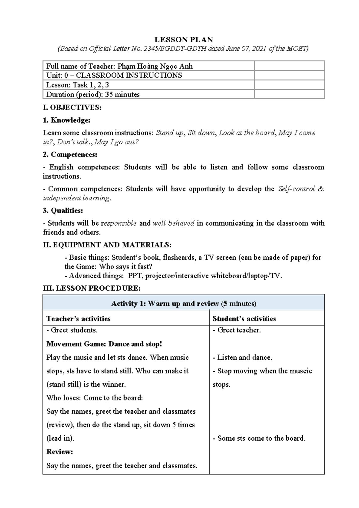 3.Unit 0-Lesson 3-Classroom in structions - LESSON PLAN (Based on ...