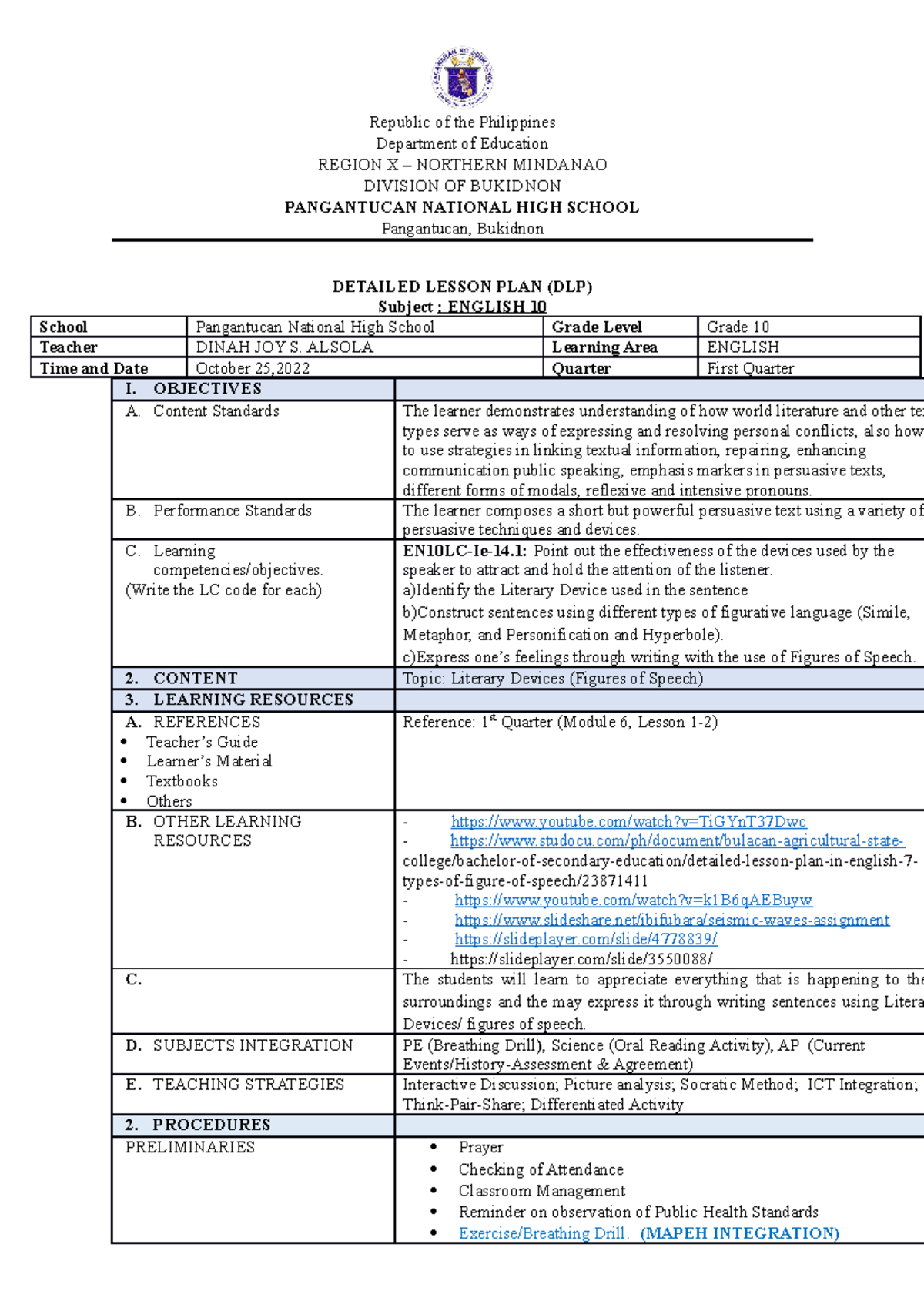 COT Lesson PLAN - Republic of the Philippines Department of Education ...