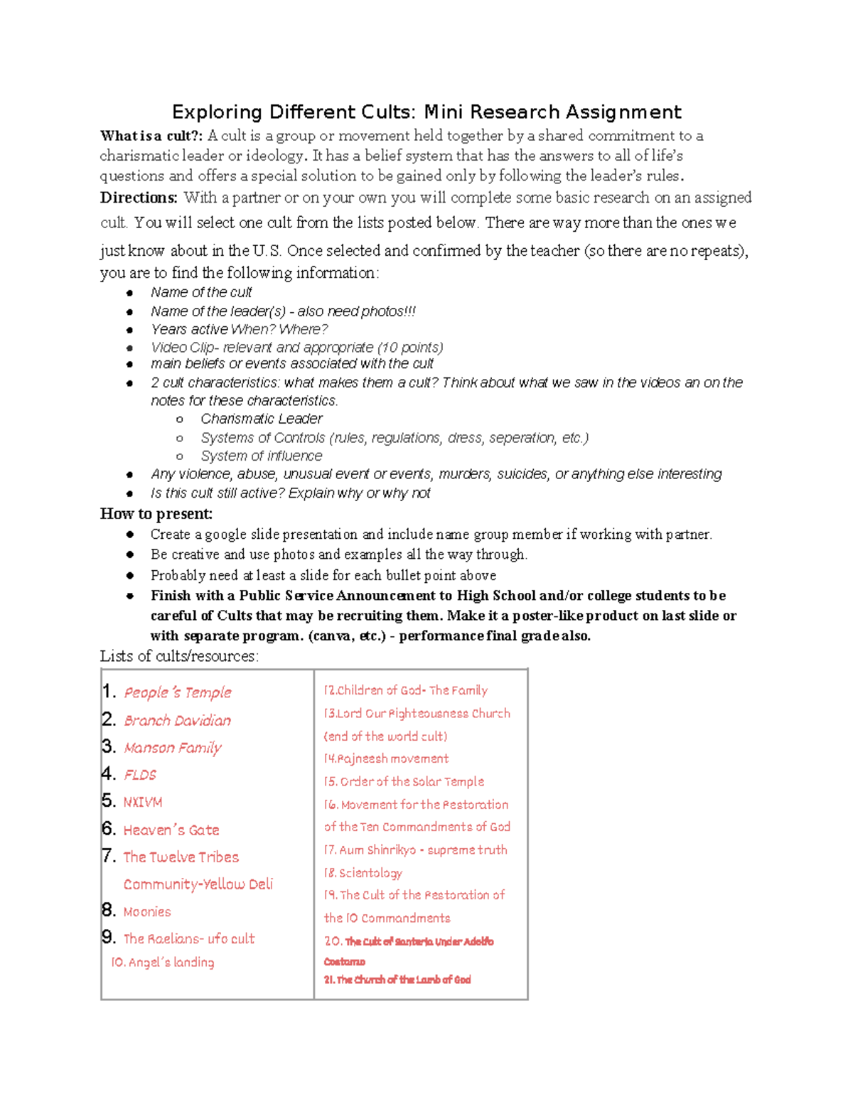 Cult Mini-Research project - Exploring Different Cults: Mini Research ...