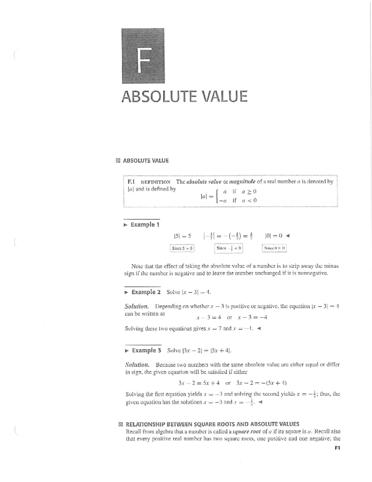 Appendix F Absolute Value Notes and Problem Set - ABSOLUTE VALUE ...