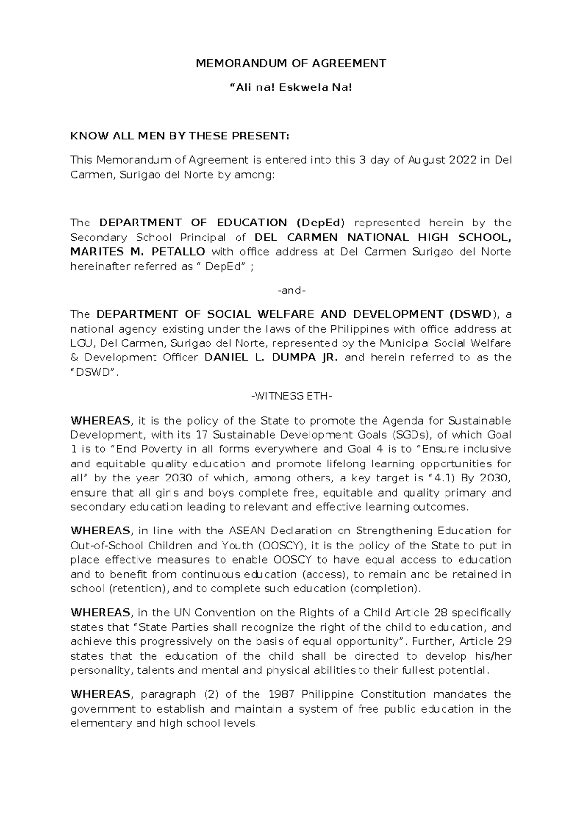 MOA Ali na Eskwela na.docx - MEMORANDUM OF AGREEMENT “Ali na! Eskwela Na! KNOW ALL MEN BY THESE ...