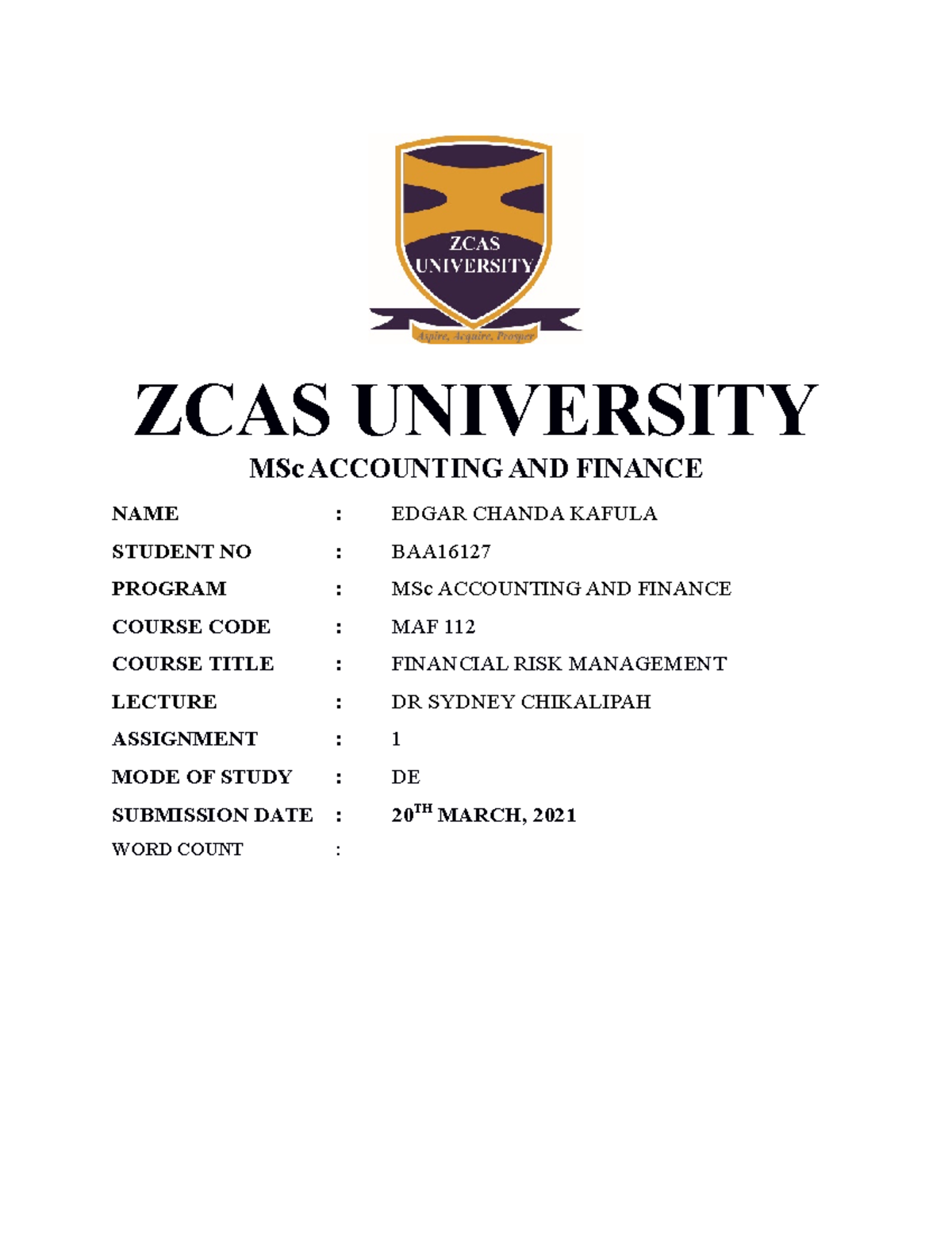 Financial Risk Management - ZCAS UNIVERSITY MSc ACCOUNTING AND FINANCE ...