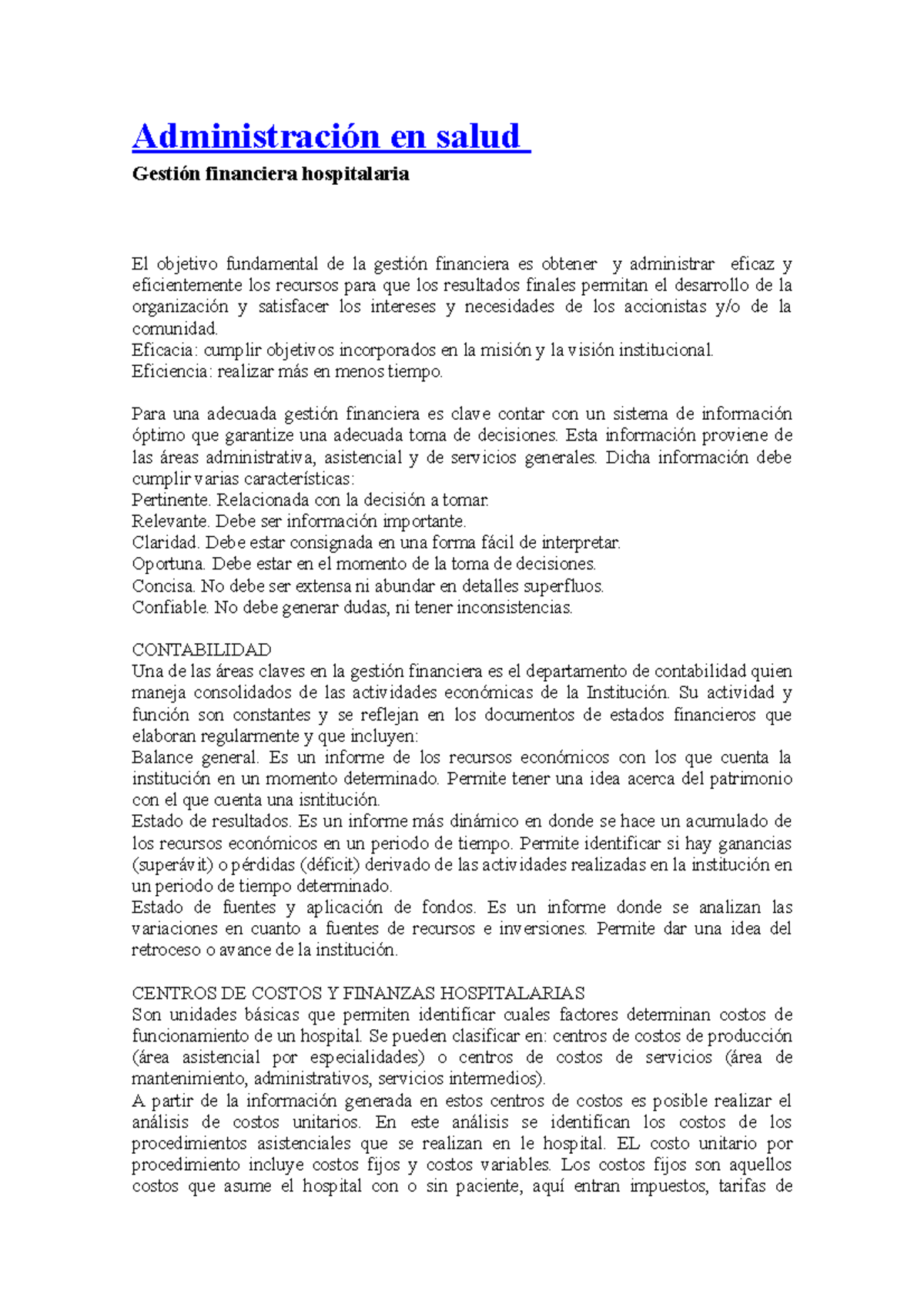 Administracion en salud - Administración en salud Gestión financiera ...