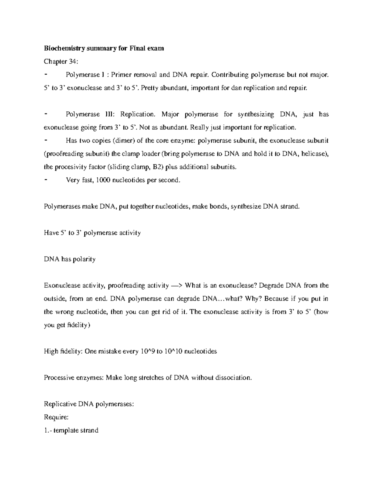 Biochemistry summary for Final exam - Biochemistry summary for Final ...