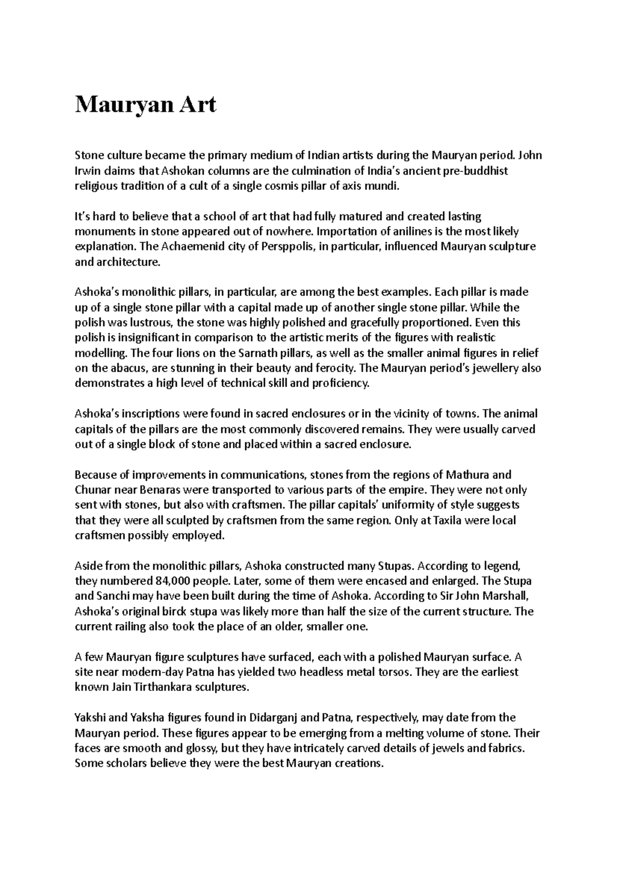 Mauryan Art - Ancient India - AMU - Studocu