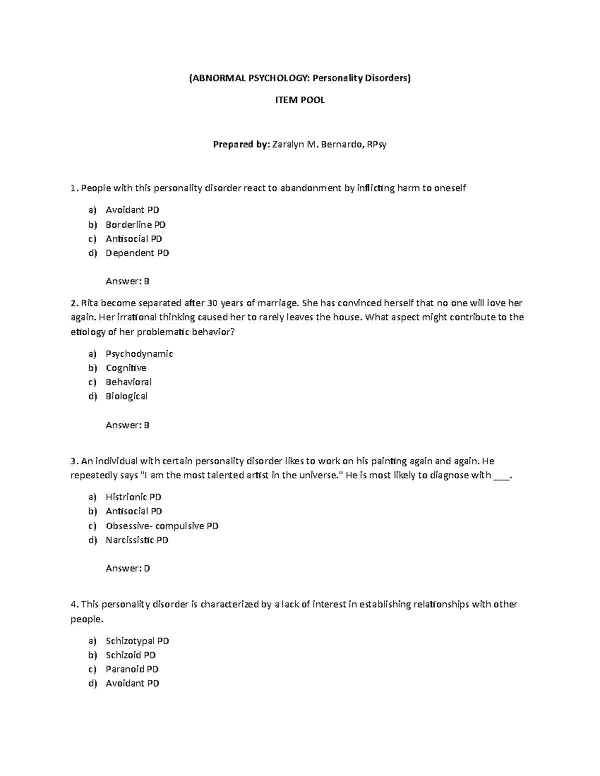 ITEM POOL (Personality Disorder) - (ABNORMAL PSYCHOLOGY: Personality ...