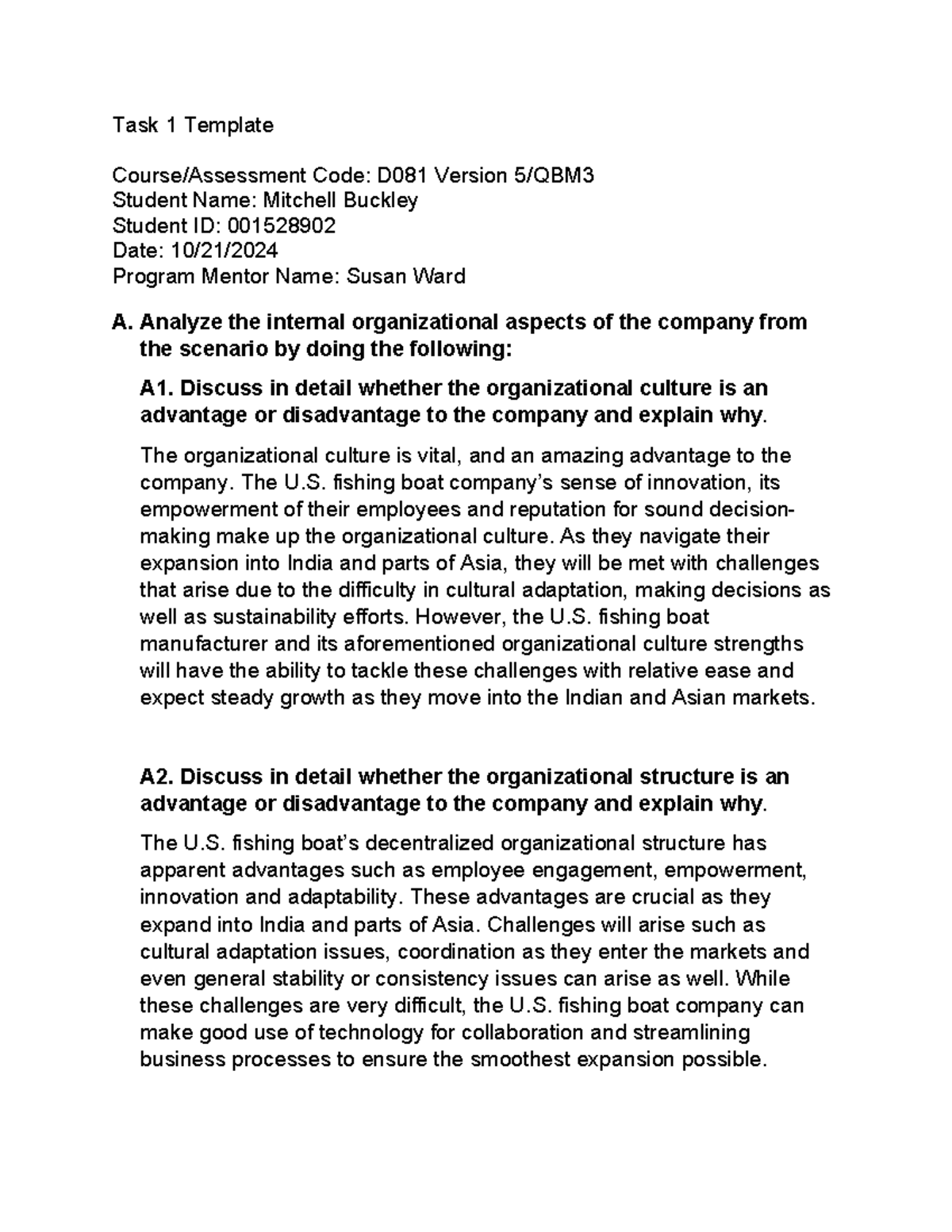 D081 Task 1 Final Submission - Task 1 Template Course/Assessment Code ...