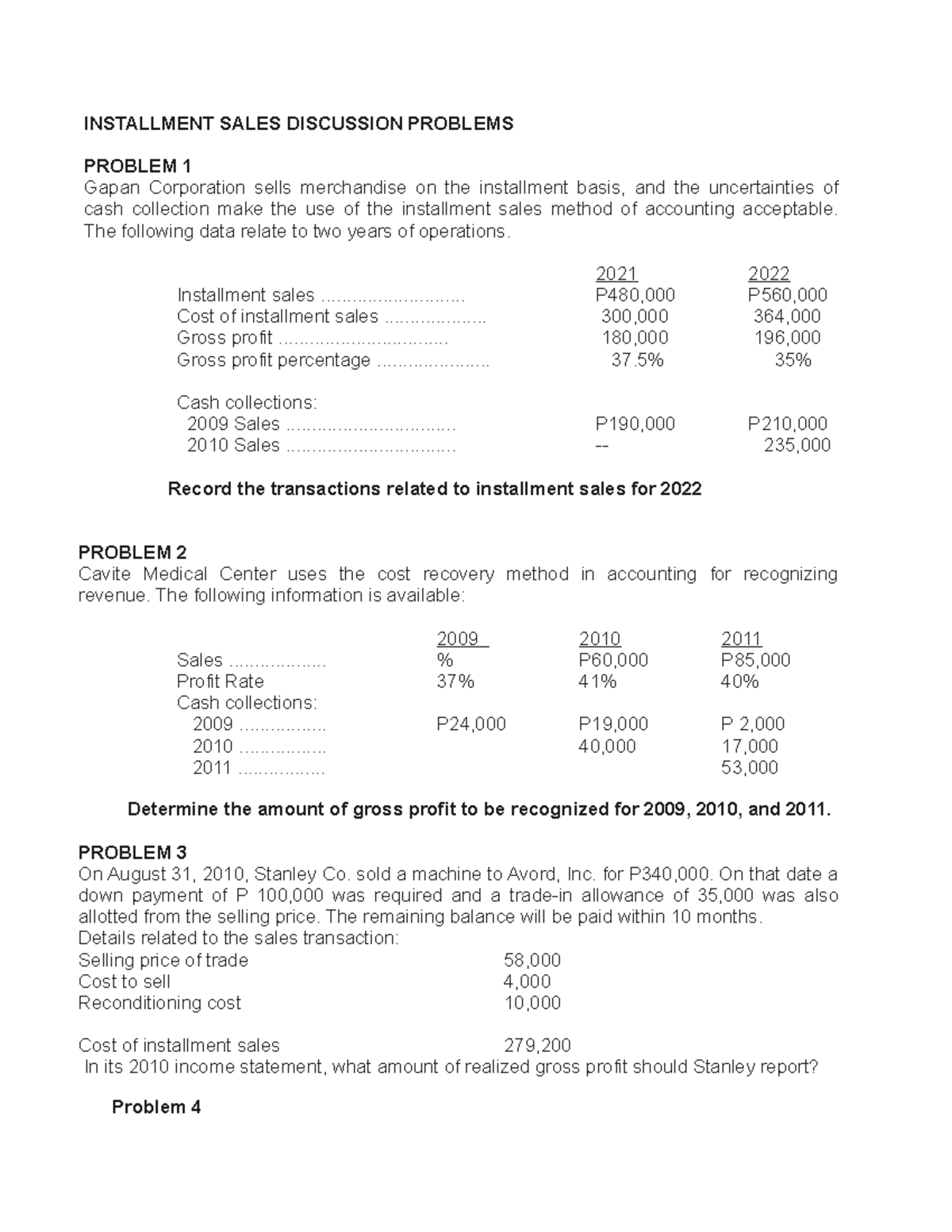 Installment Sales Discussion Problems - INSTALLMENT SALES DISCUSSION PROBLEMS PROBLEM 1 Gapan ...