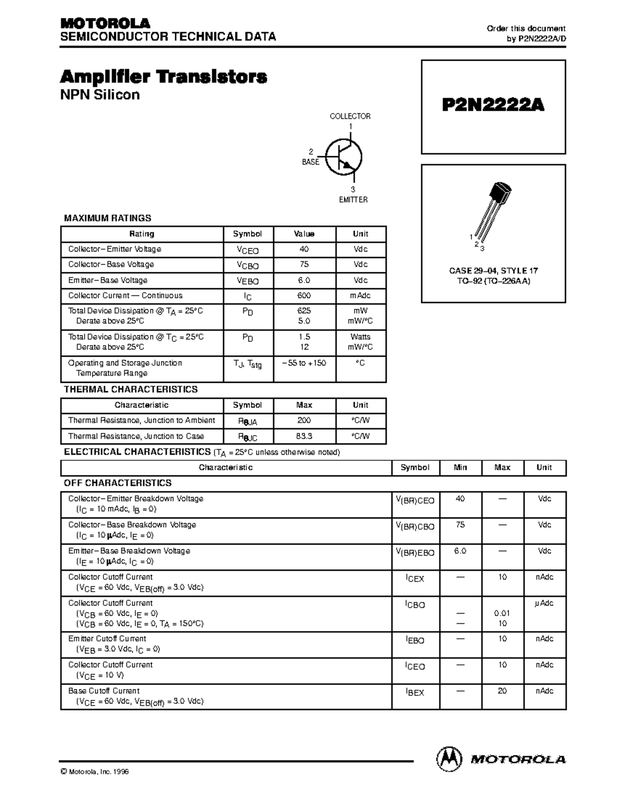 P2N2222A - Motorola Small–Signal Transistors, FETs and Diodes Device ...