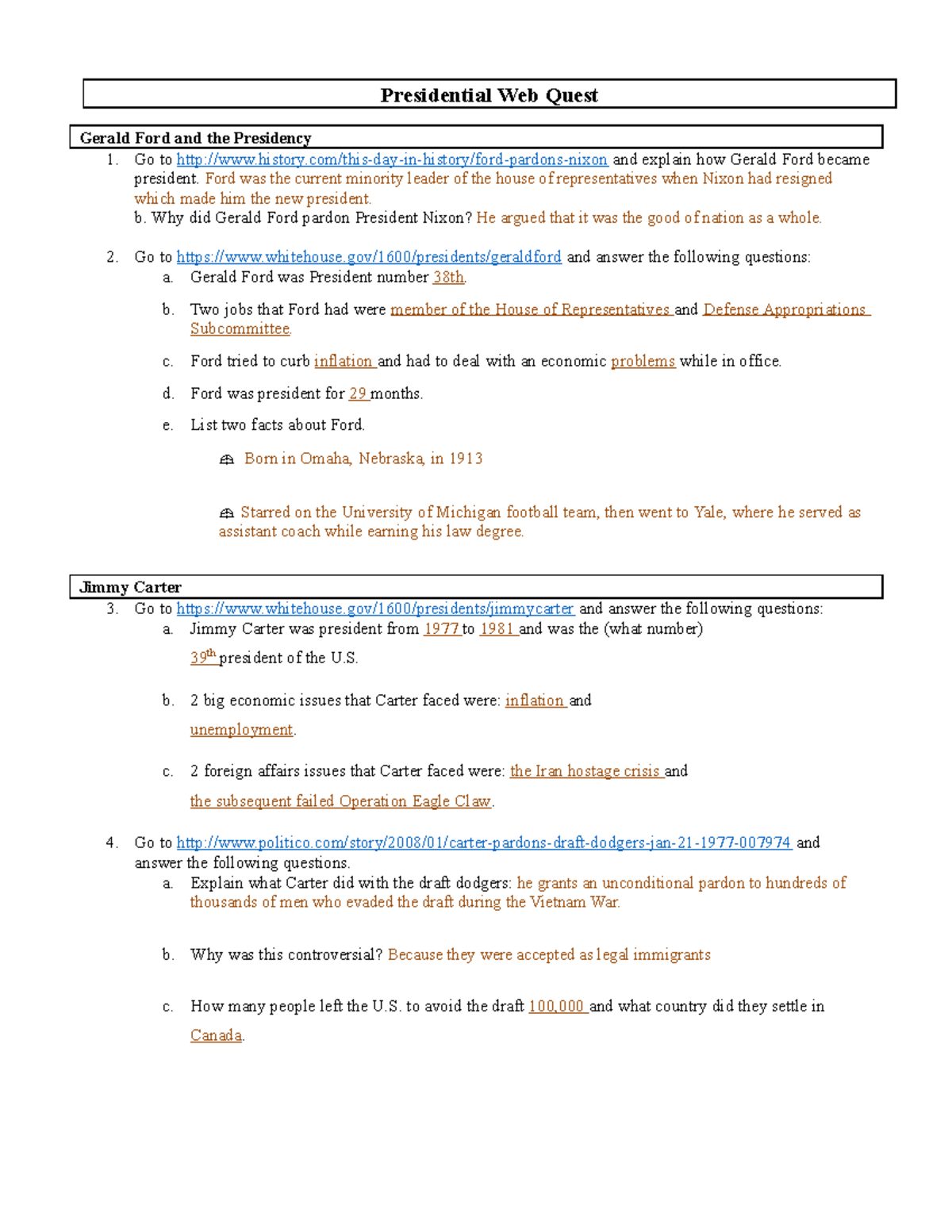 Workbook - Student - Presidential Webquest - Presidential Web Quest Go ...
