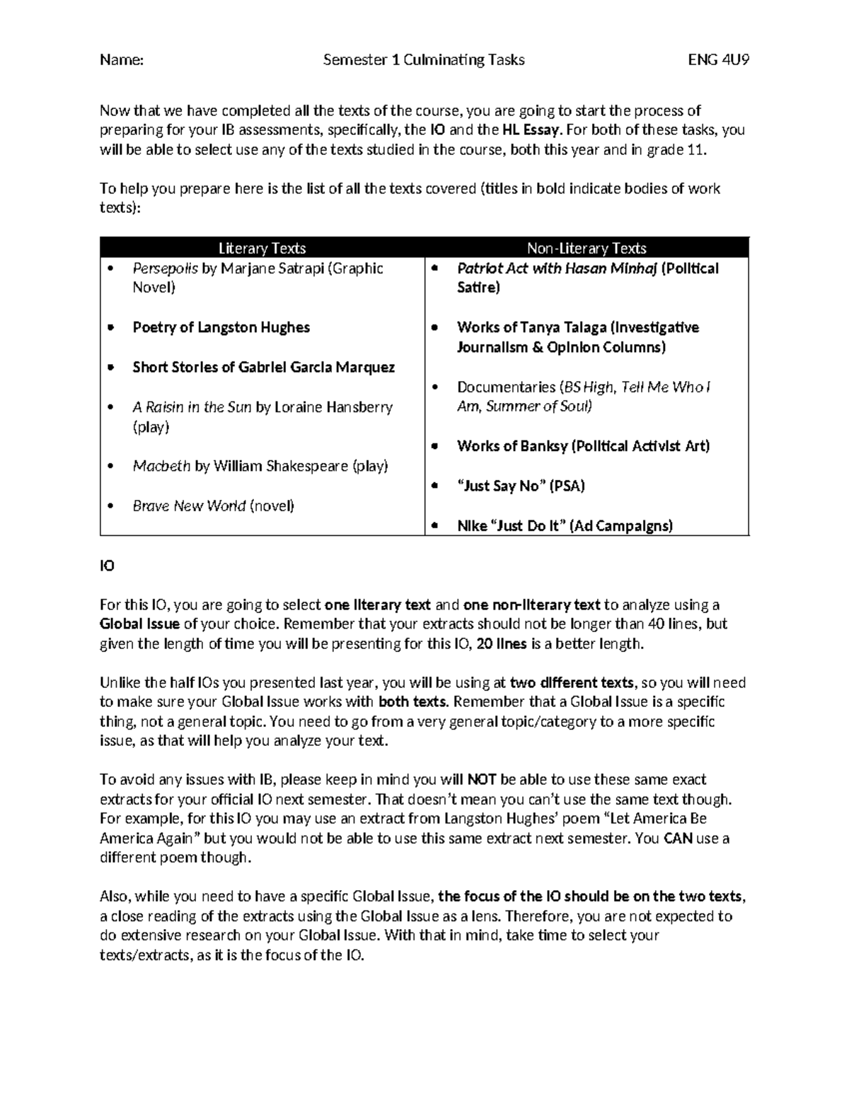 ENG 4U9 Culminating Tasks - Name: Semester 1 Culminating Tasks ENG 4U ...