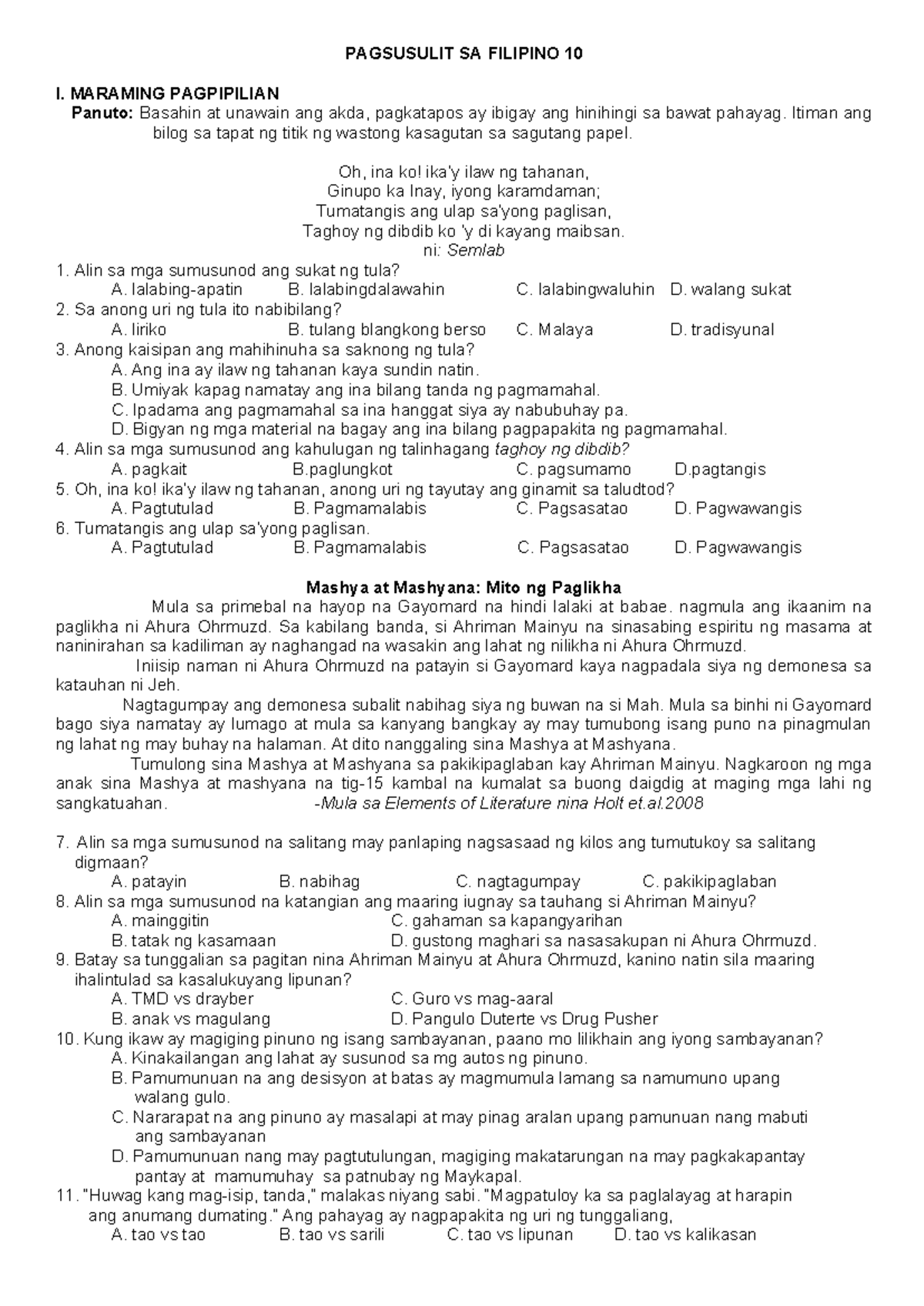 3rd-PT-FIL10 Summative - PAGSUSULIT SA FILIPINO 10 I. MARAMING ...