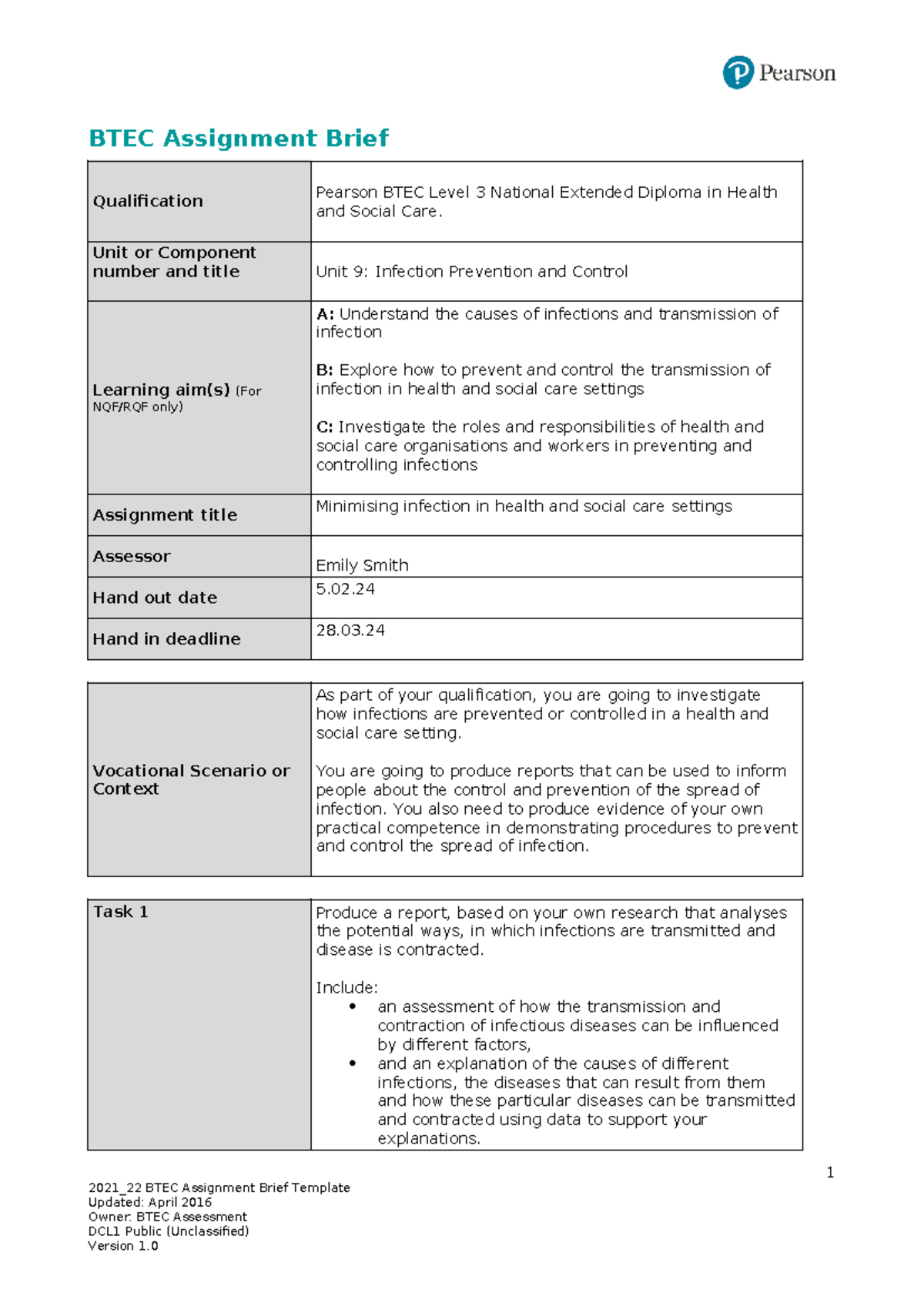 Unit 9 infection prevention and control authorised assignment brief ...