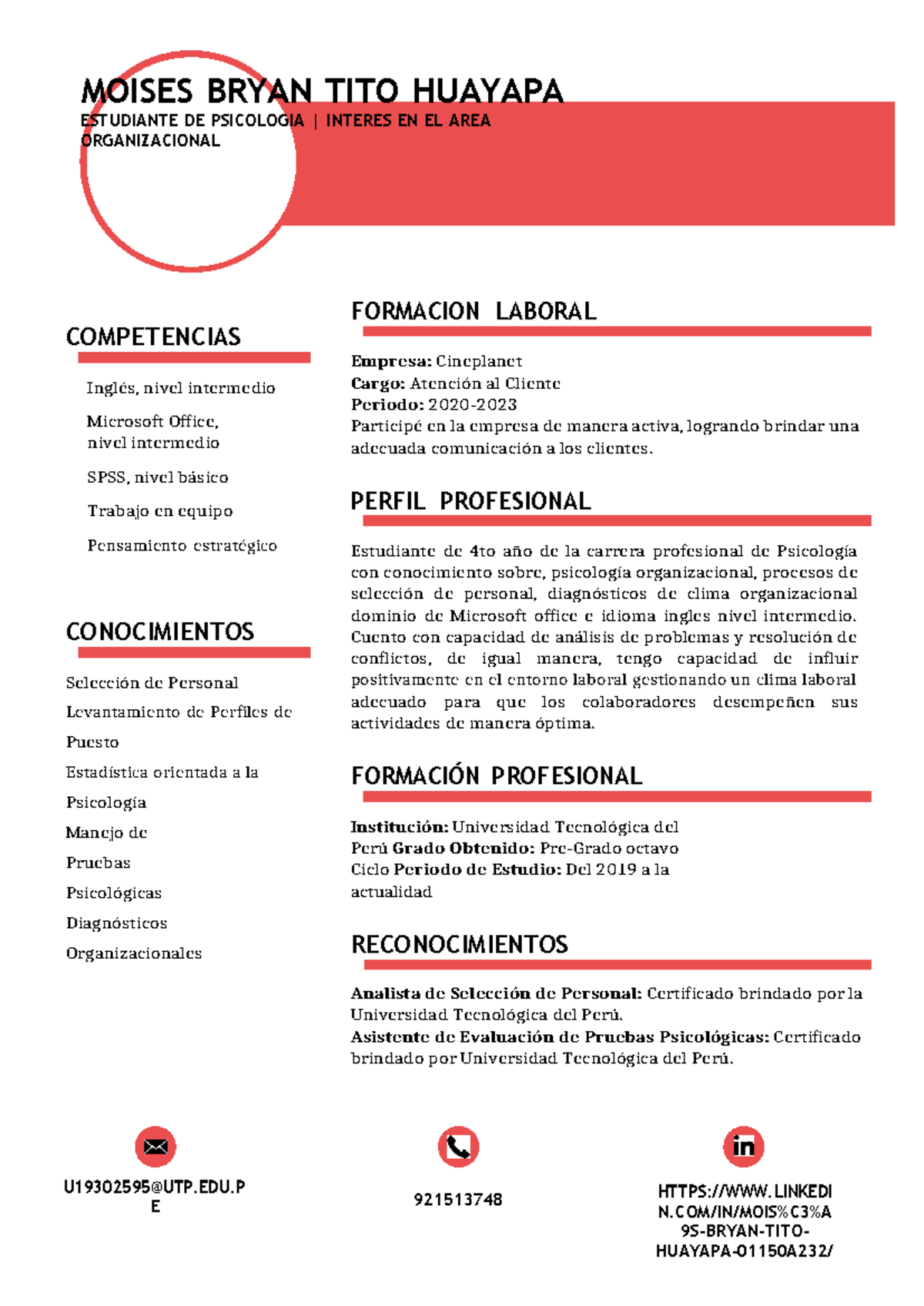 CV Bryan - MOISES BRYAN TITO HUAYAPA ESTUDIANTE DE PSICOLOGIA | INTERES ...