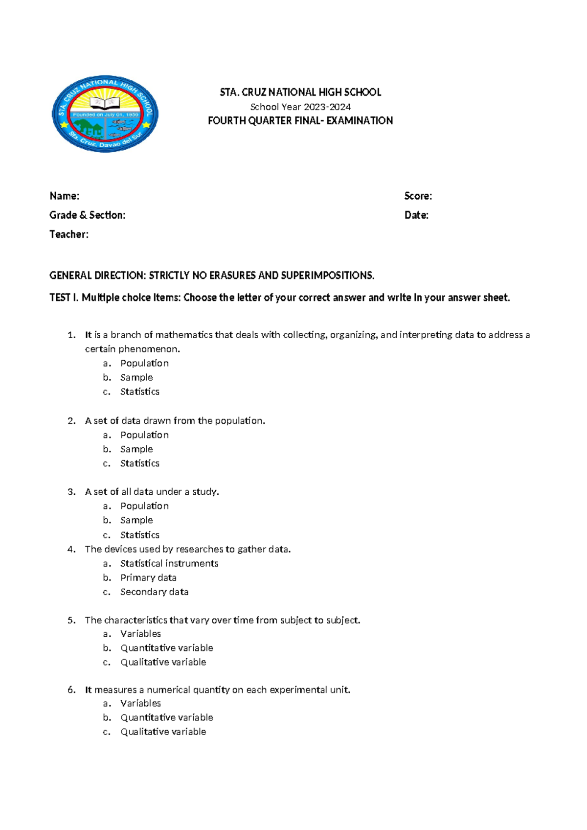 4Q TQ Math7- Dulla - sdvx - STA. CRUZ NATIONAL HIGH SCHOOL School Year ...