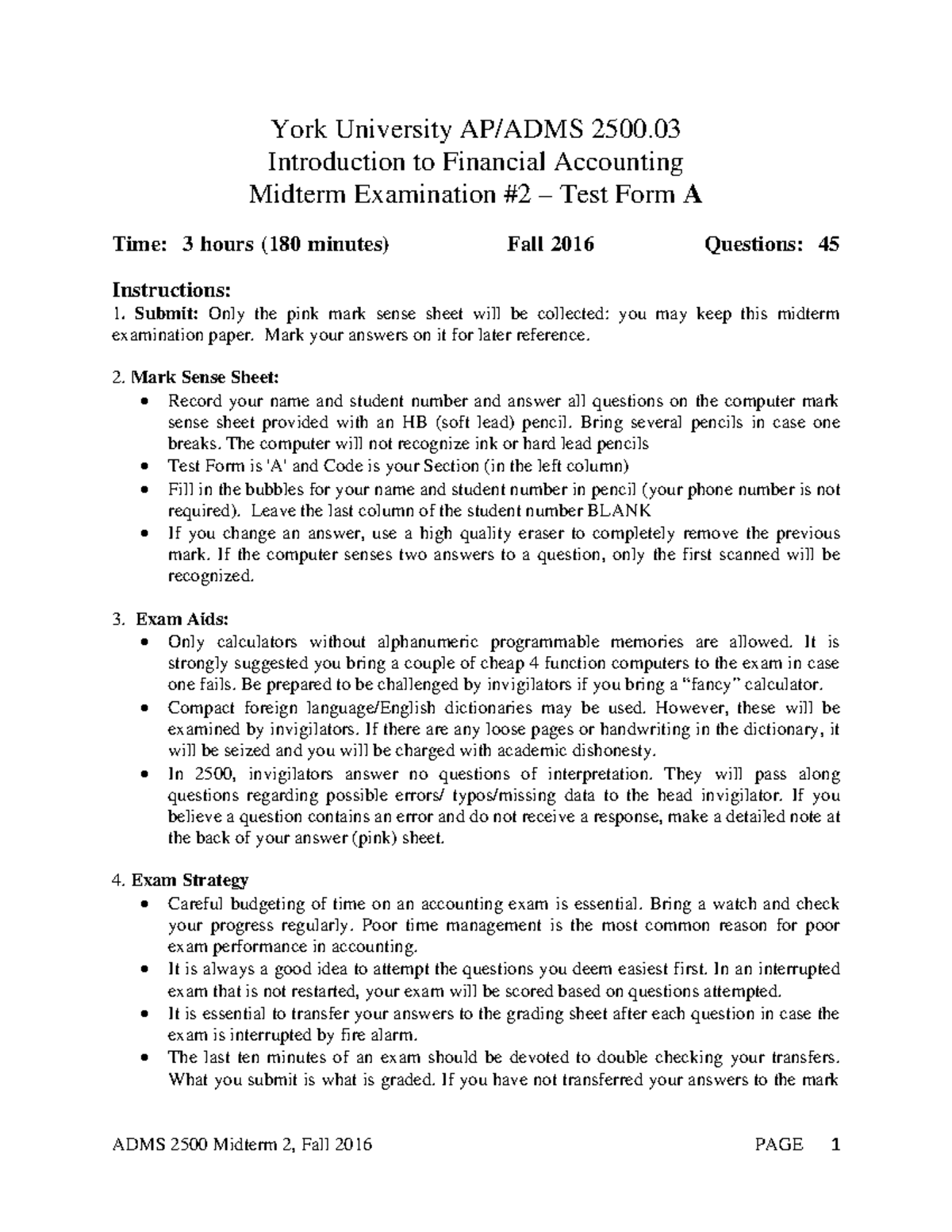 MT 2 F16 with solutions - past assignment and past practice exam - York University AP/ADMS 2500 ...