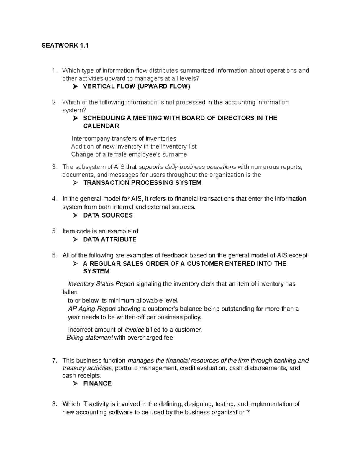 Seatwork Module 1-3 AIS - SEATWORK 1. Which type of information flow ...