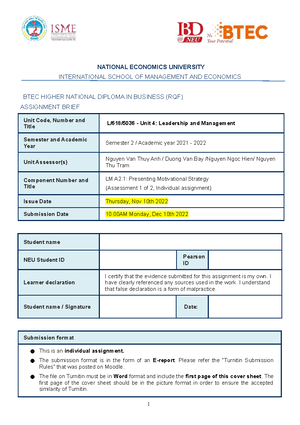 LM - A1 Assignment Brief - 2023 Fall - NATIONAL ECONOMICS UNIVERSITY INTERNATIONAL SCHOOL OF ...