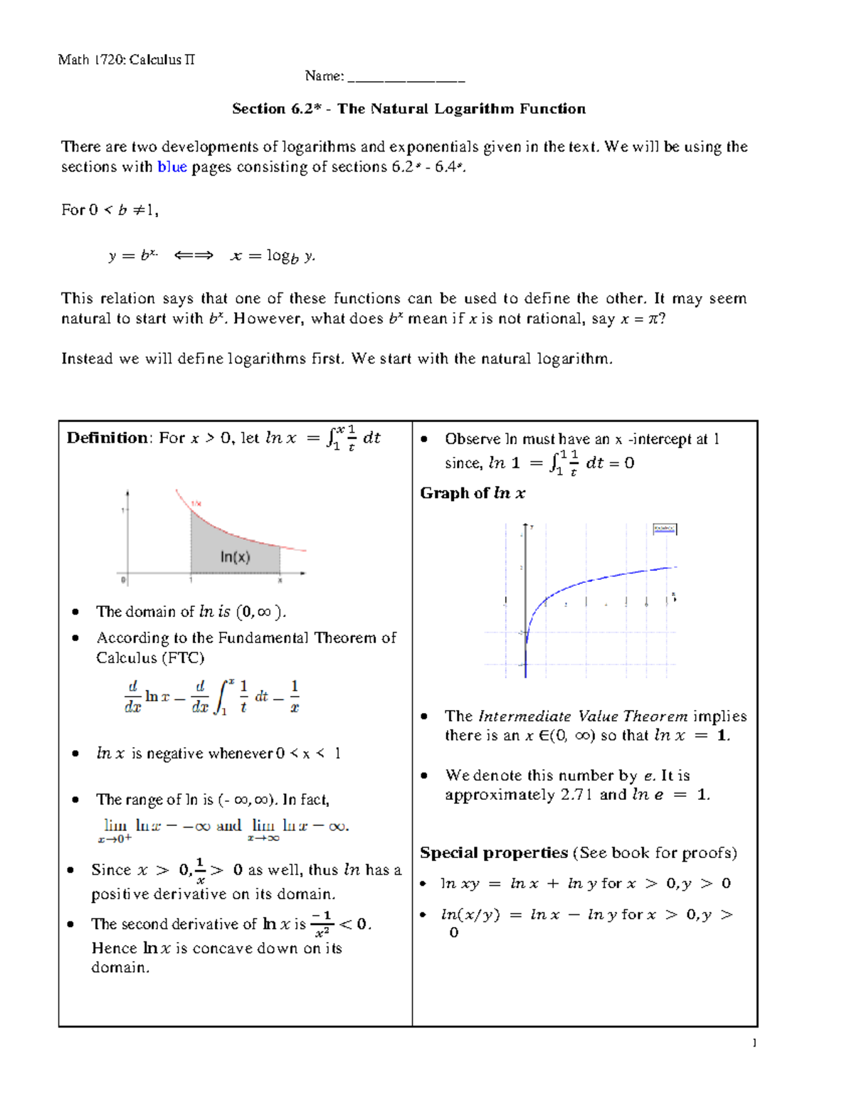 62 The Natural Log Function Warning Tt Undefined Function 32 Math 1720 Calculus Ii Name