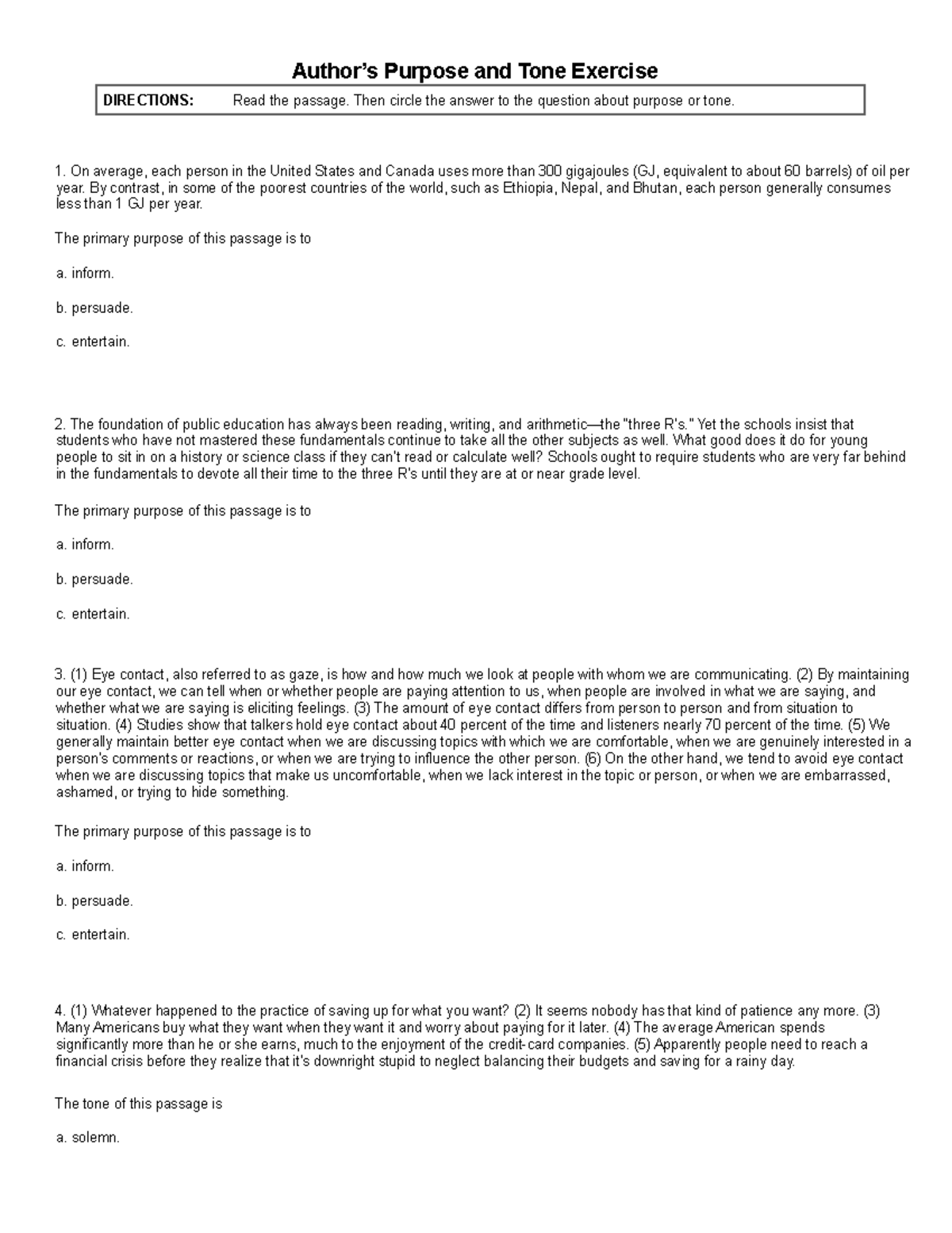 Classroom - Author’s Purpose and Tone Exercise DIRECTIONS: Read the ...