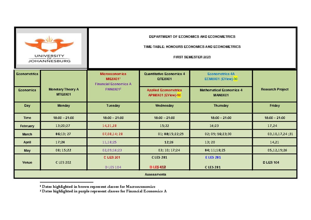 2023 Honours Timetable - DEPARTMENT OF ECONOMICS AND ECONOMETRICS TIME ...